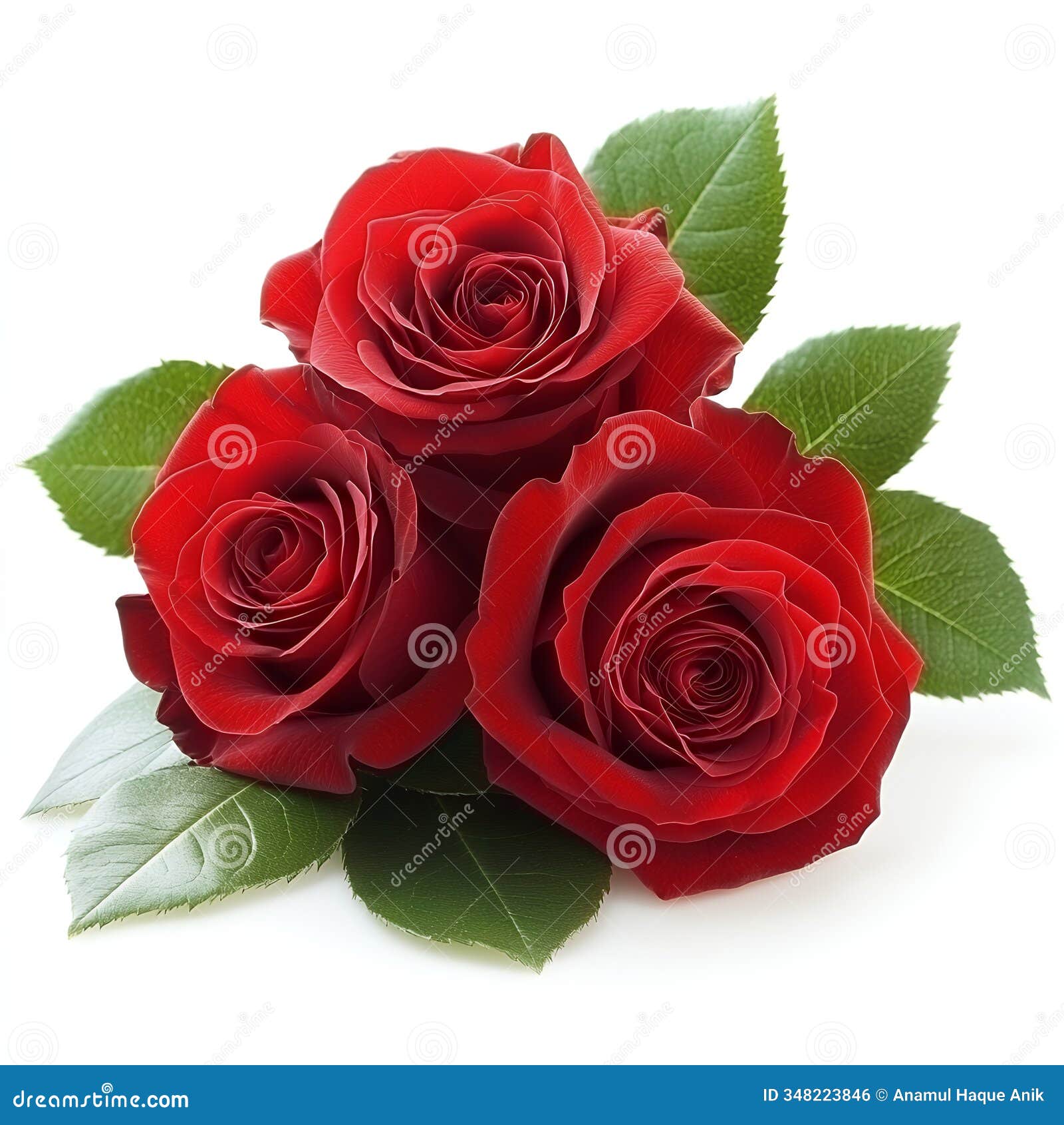 Three Red Roses with Green Leaves on a White Background Stock Photo ...
