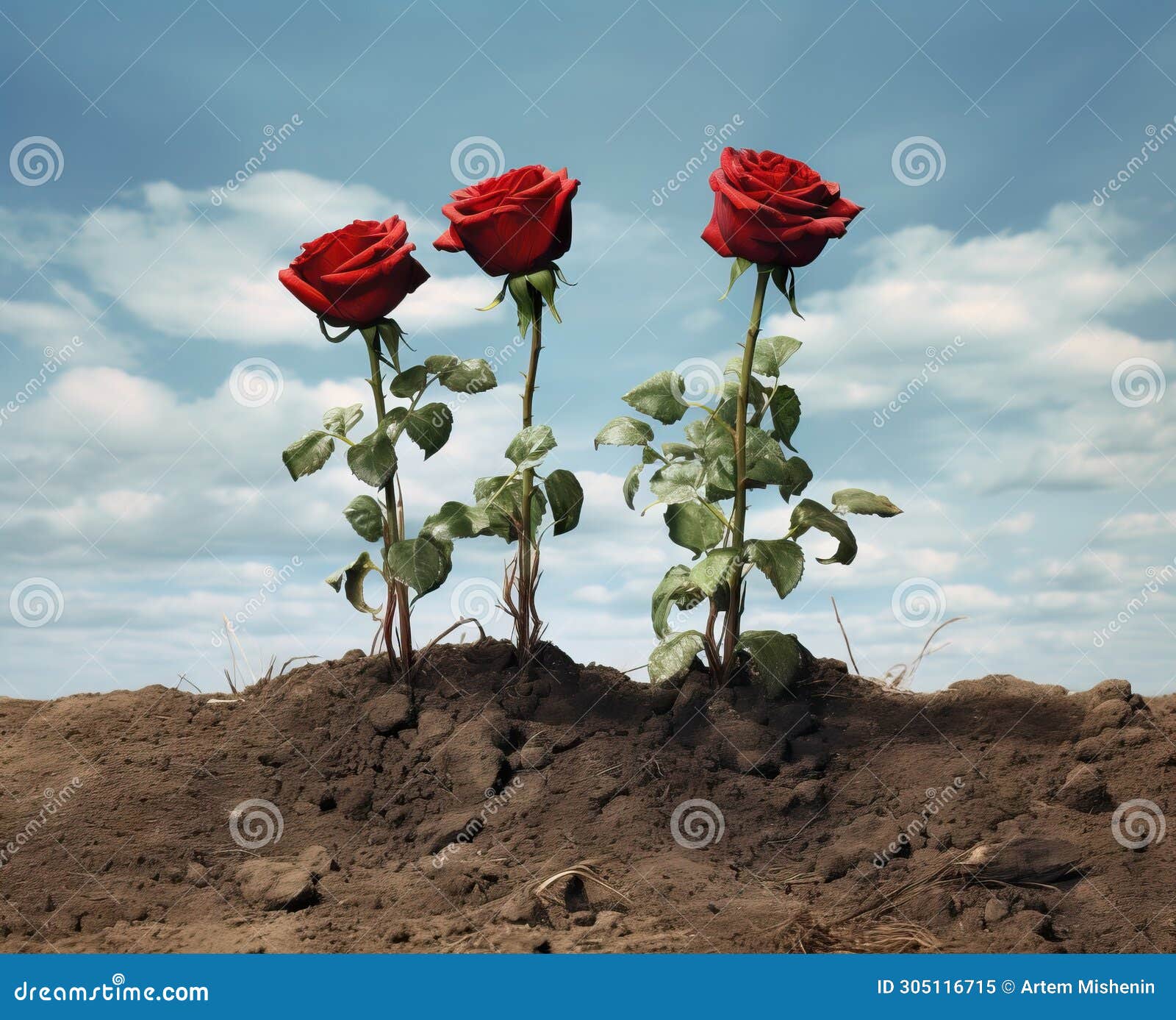 Three Red Roses Growing in the Soil with Blue Sky and Clouds Background ...