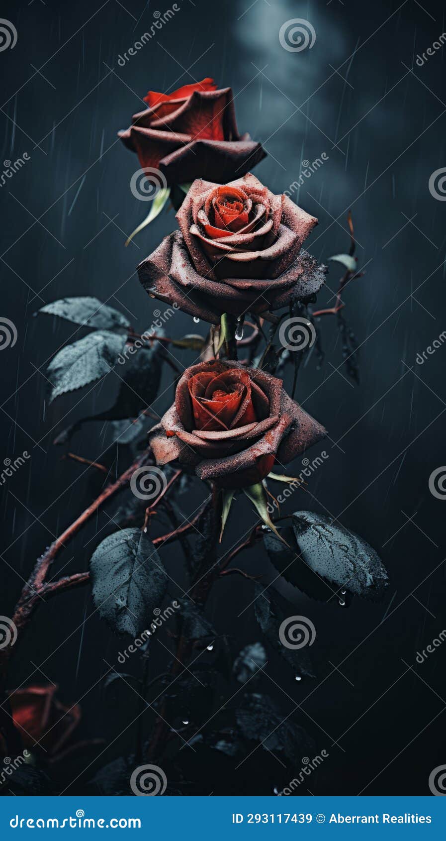 Three Red Roses in the Rain on a Dark Background Stock Illustration ...