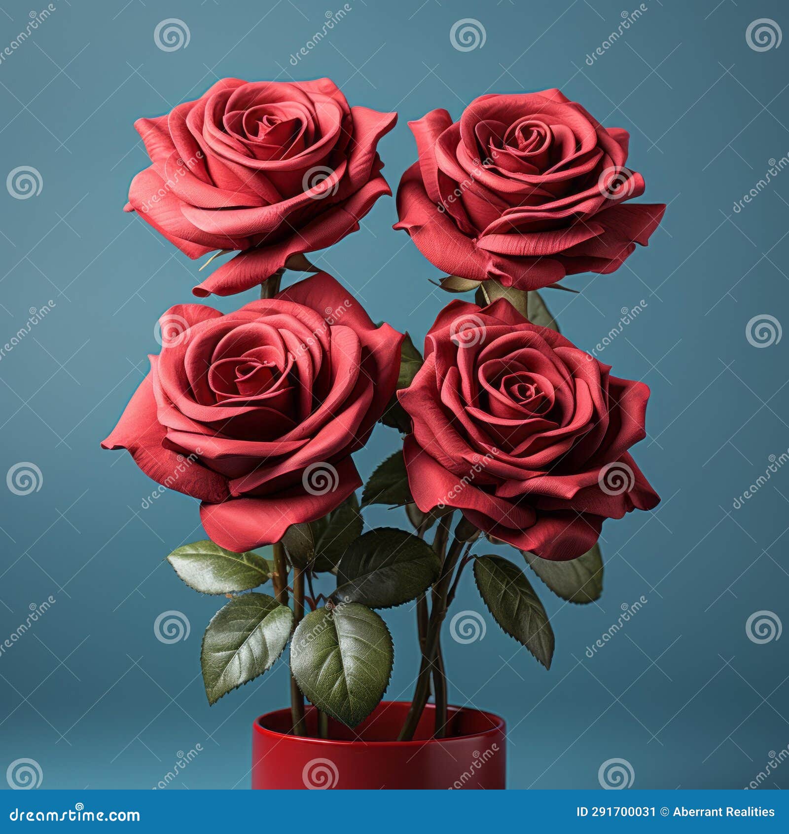 Three Red Roses in a Red Vase on a Blue Background Stock Illustration ...