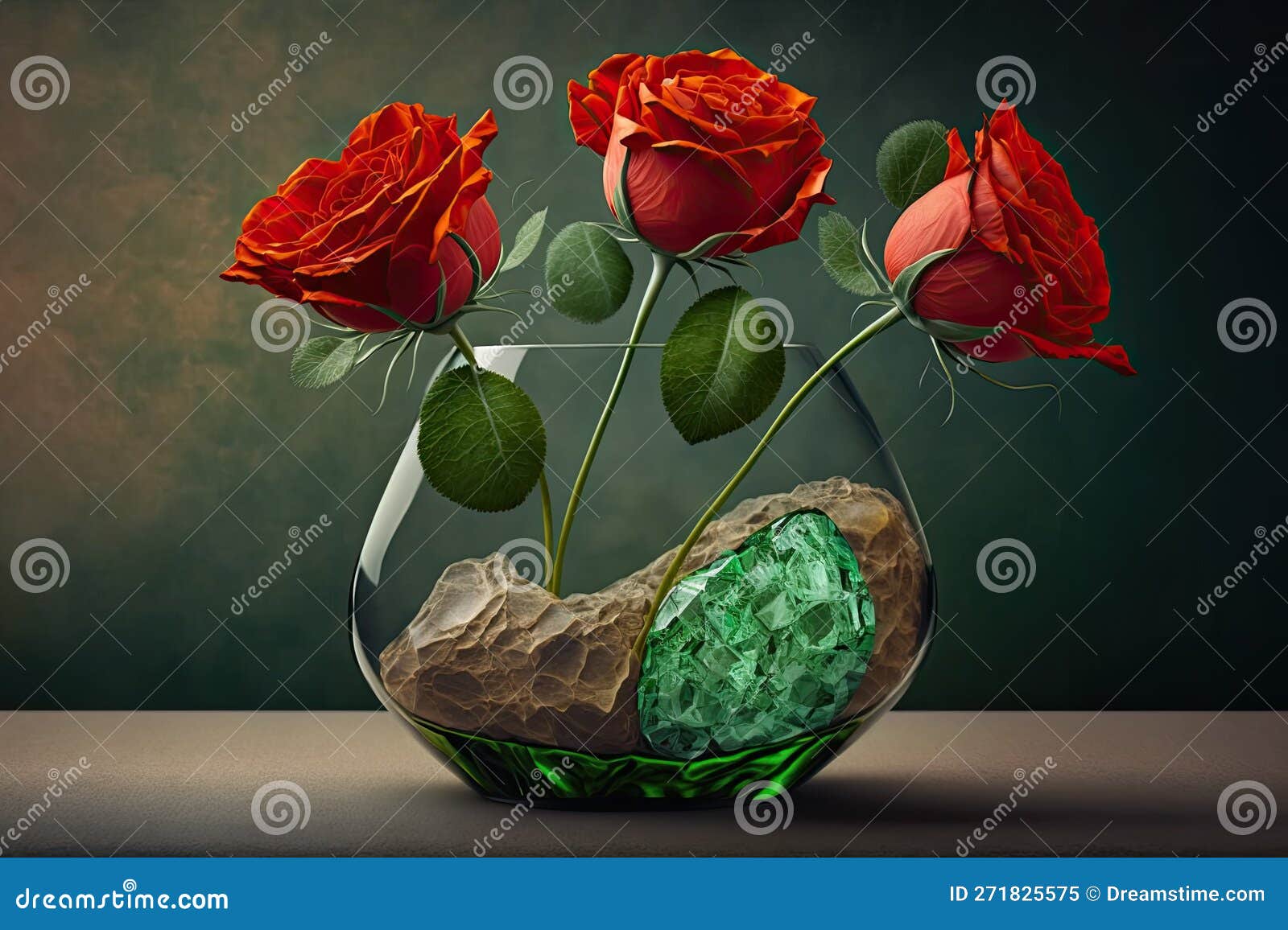 Three Red Roses in a Vase. Treatment Stones with Flower Petals Stock ...