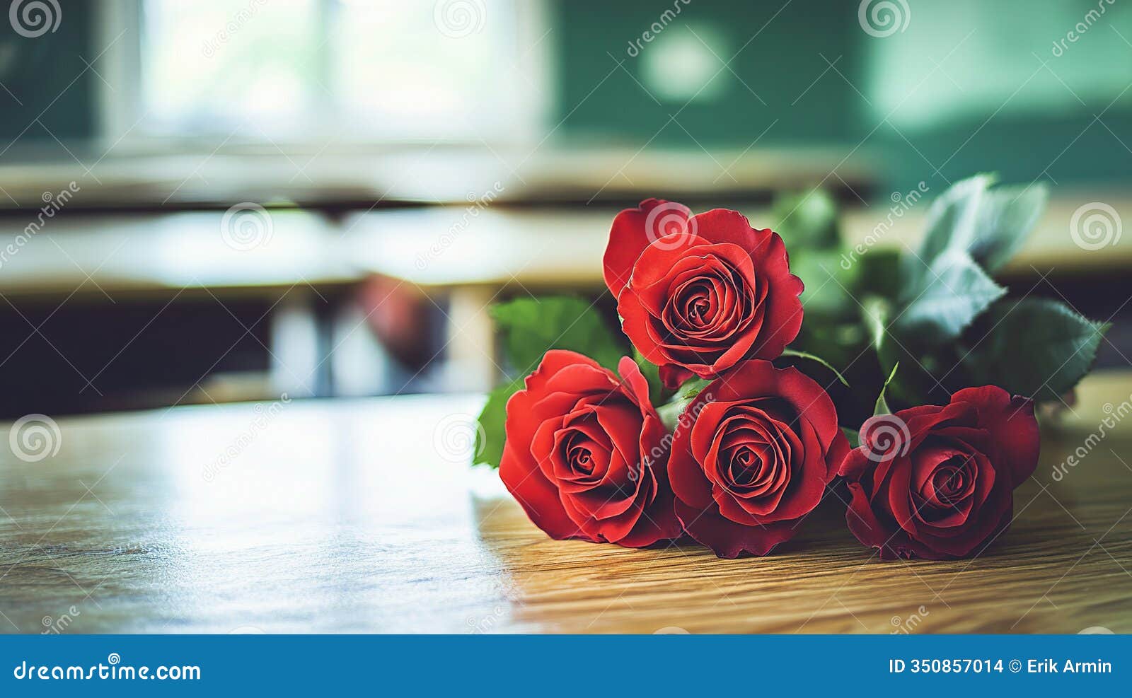 Three Red Roses on a Wooden Desk in a Classroom Stock Illustration ...
