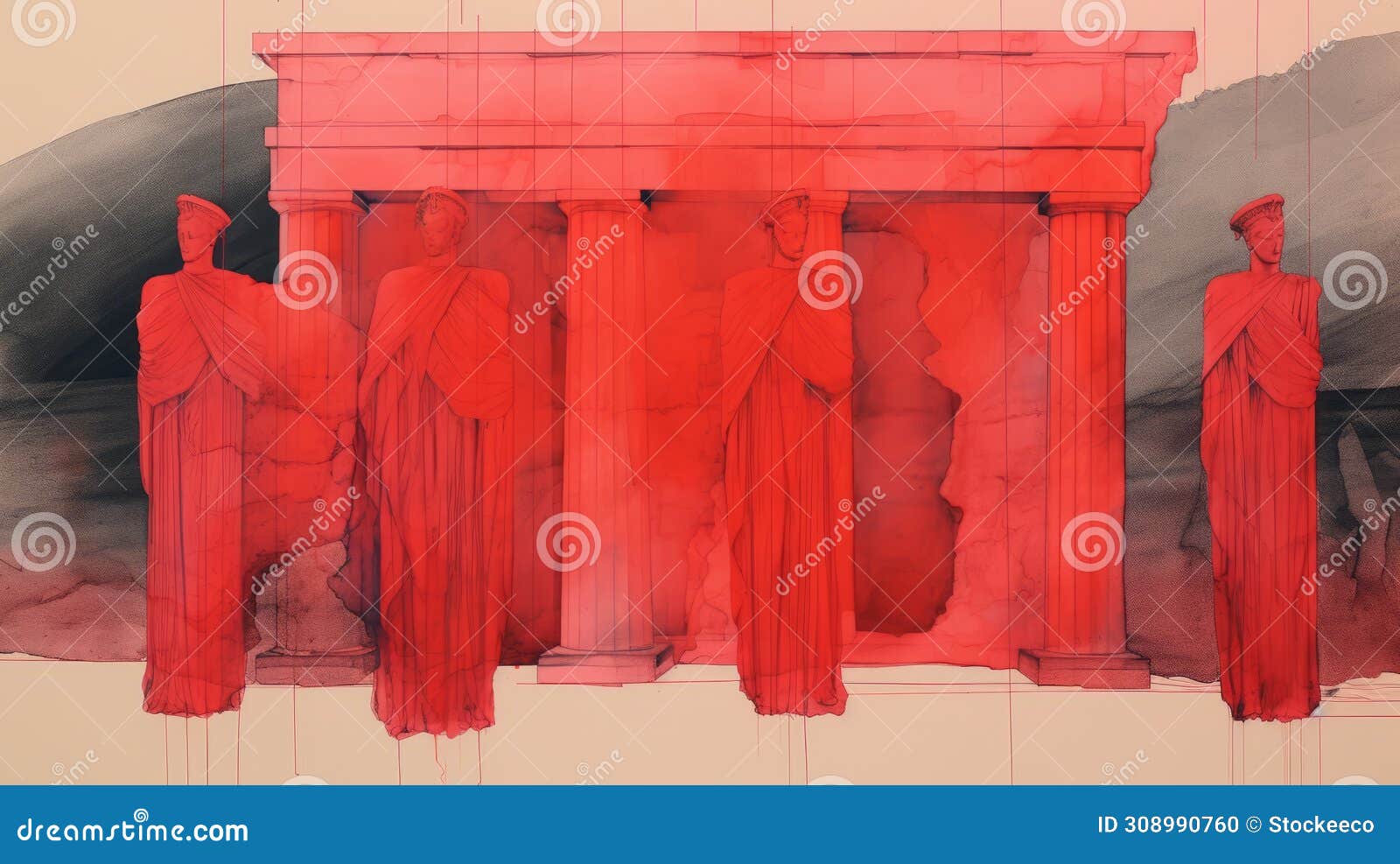 Minimalist Pen Drawings of Red Marble Statues and Ancient Walls Stock ...