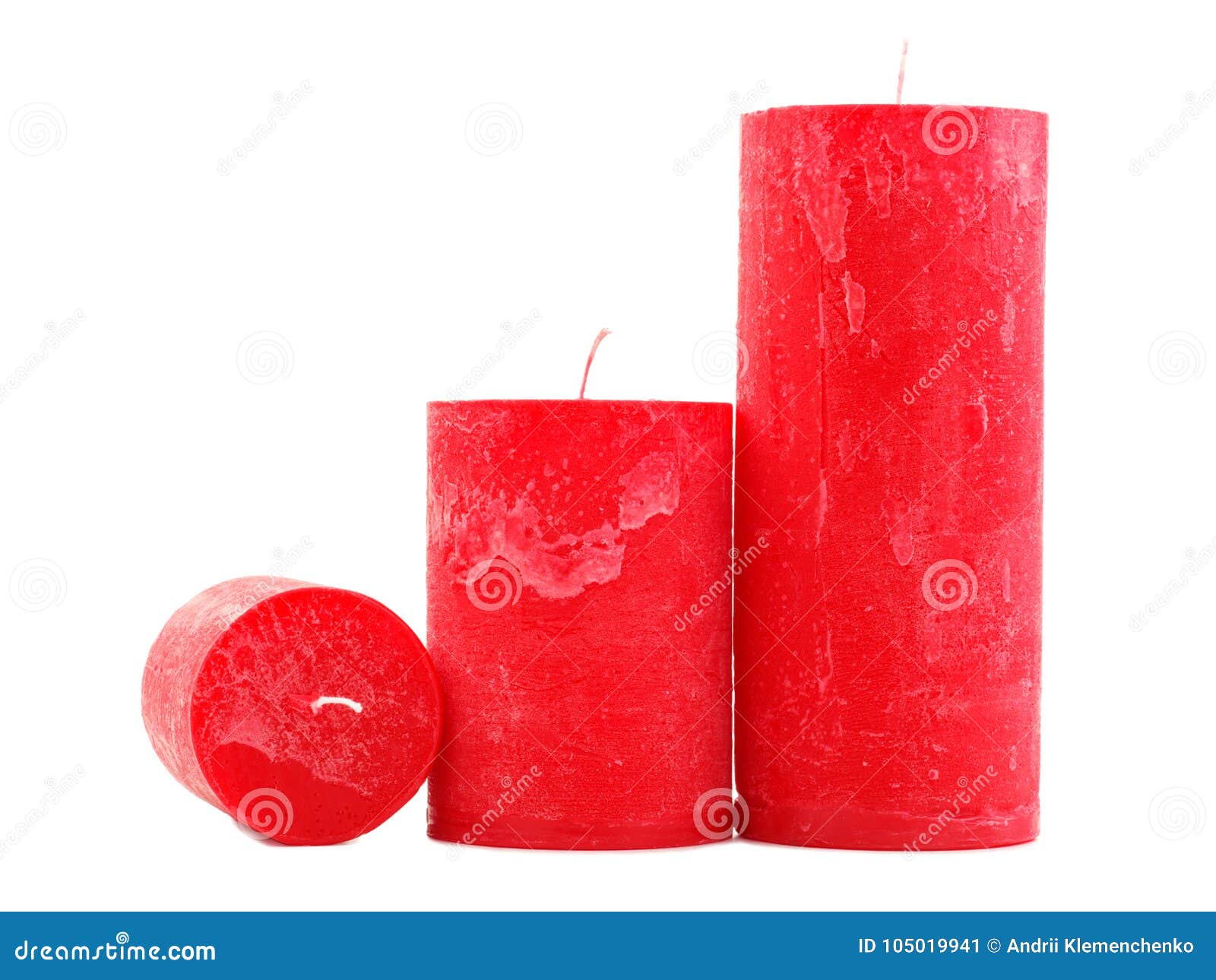 Three Red Wax Candles of Different Size Isolated on White Background ...
