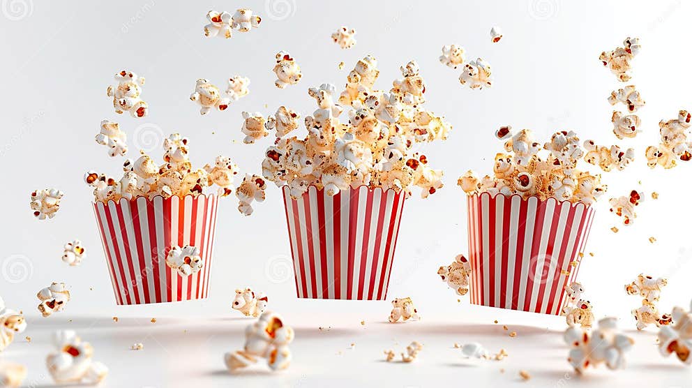 Three Red and White Striped Popcorn Buckets with Popcorn Exploding Out ...