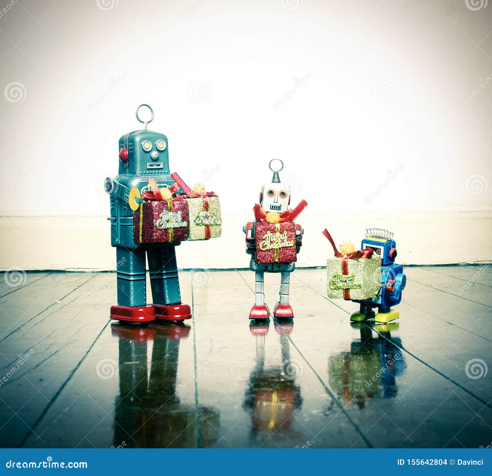 Three Retro Robot with Gifts Stock Photo - Image of present, gift ...