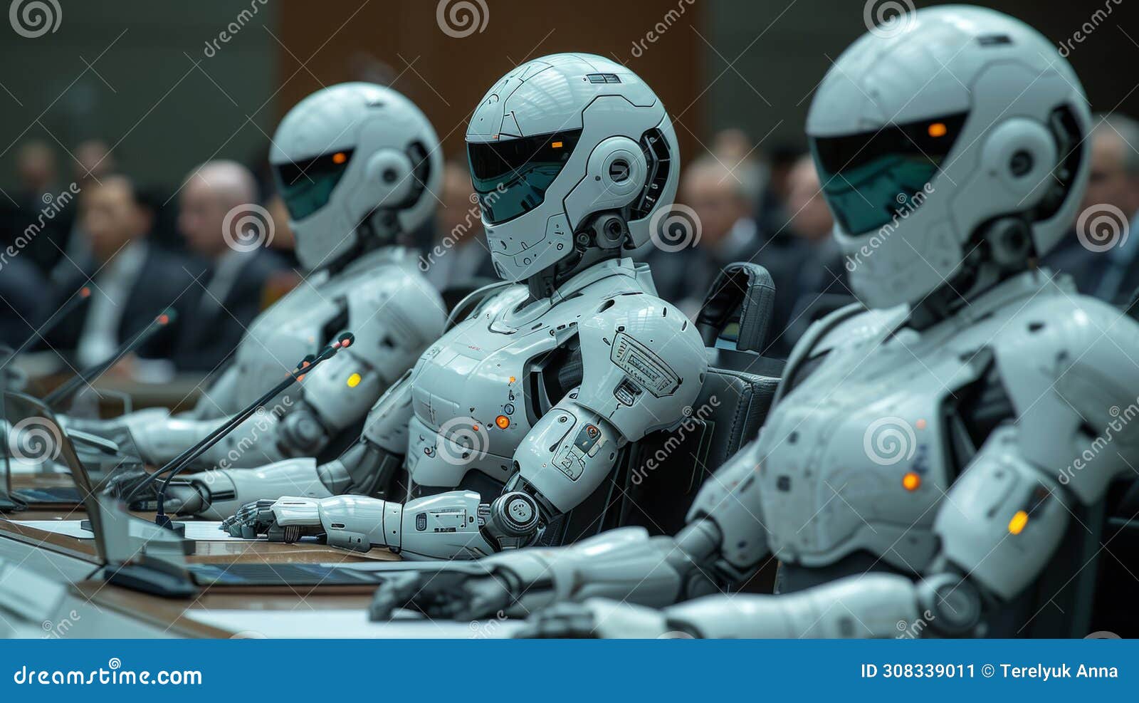 Three Robot Politicians Sit at Table in Conference Room. Stock Image ...