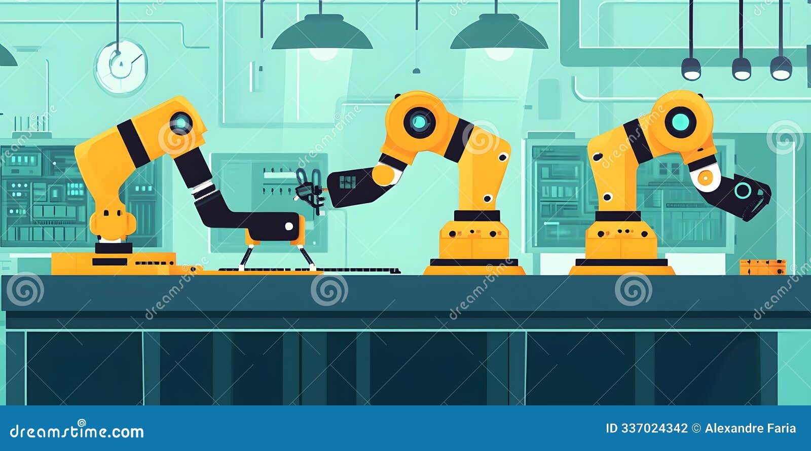 Three Robotic Arms Interacting on Platform Stock Illustration ...