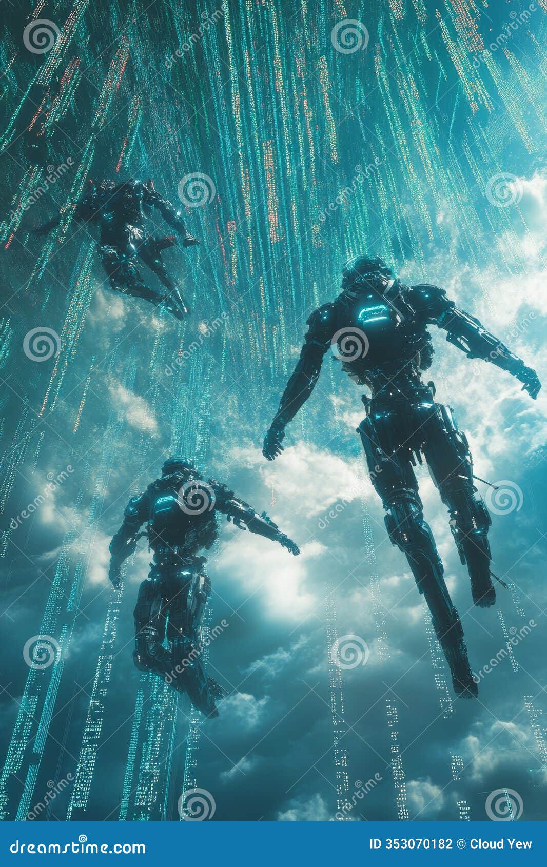 Three Robots are Flying in the Sky, Surrounded by a Blue and Green ...