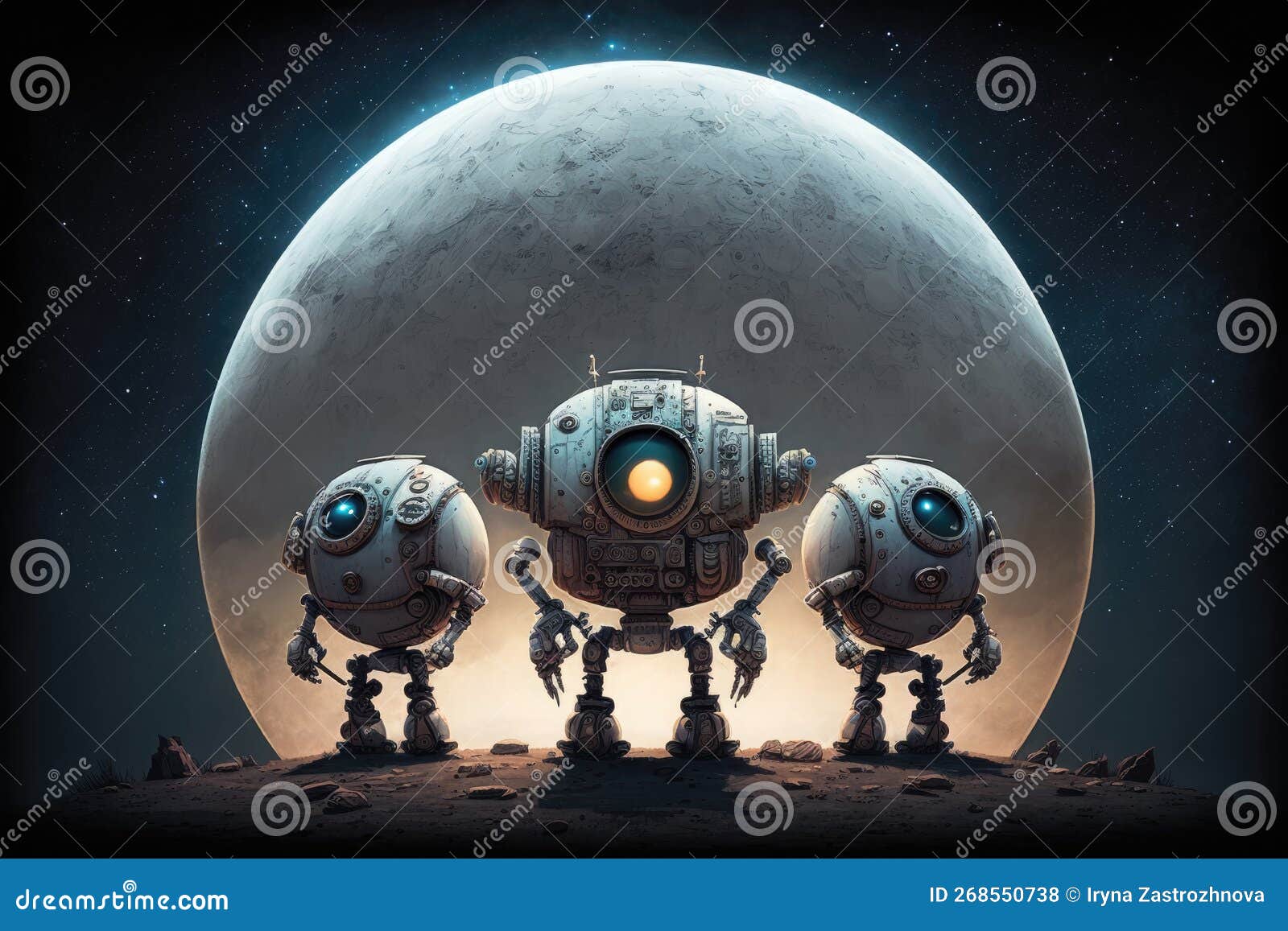 Three Robots in Space Stand Against the Background of the Moon ...