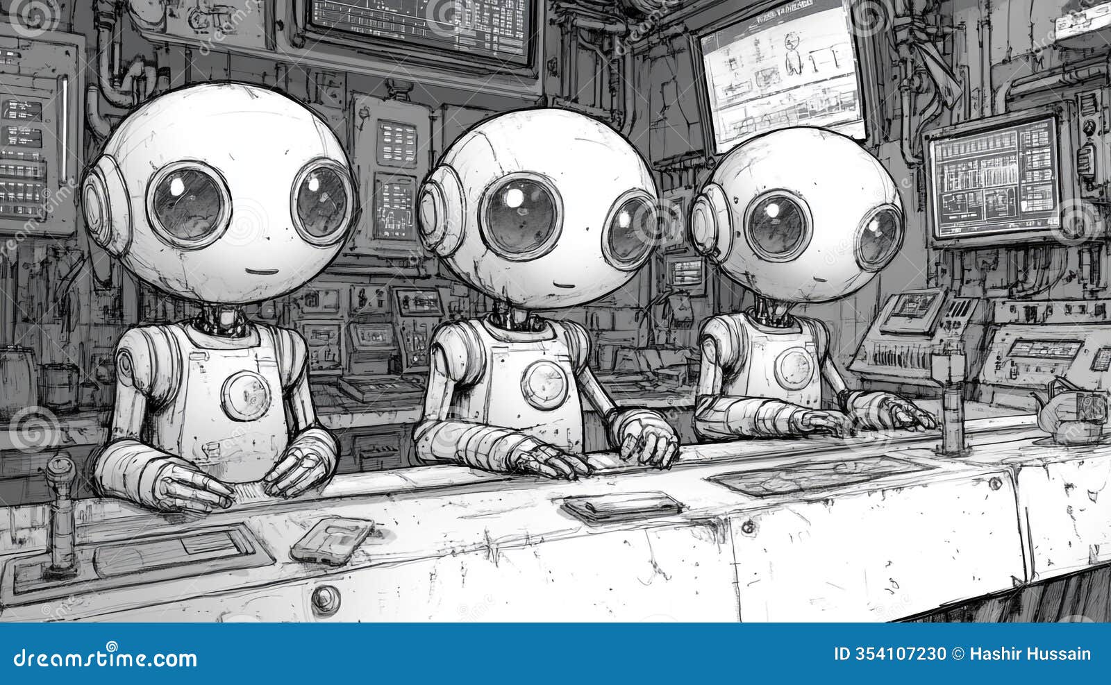 Three Robots Working at a Futuristic Control Panel Stock Illustration ...