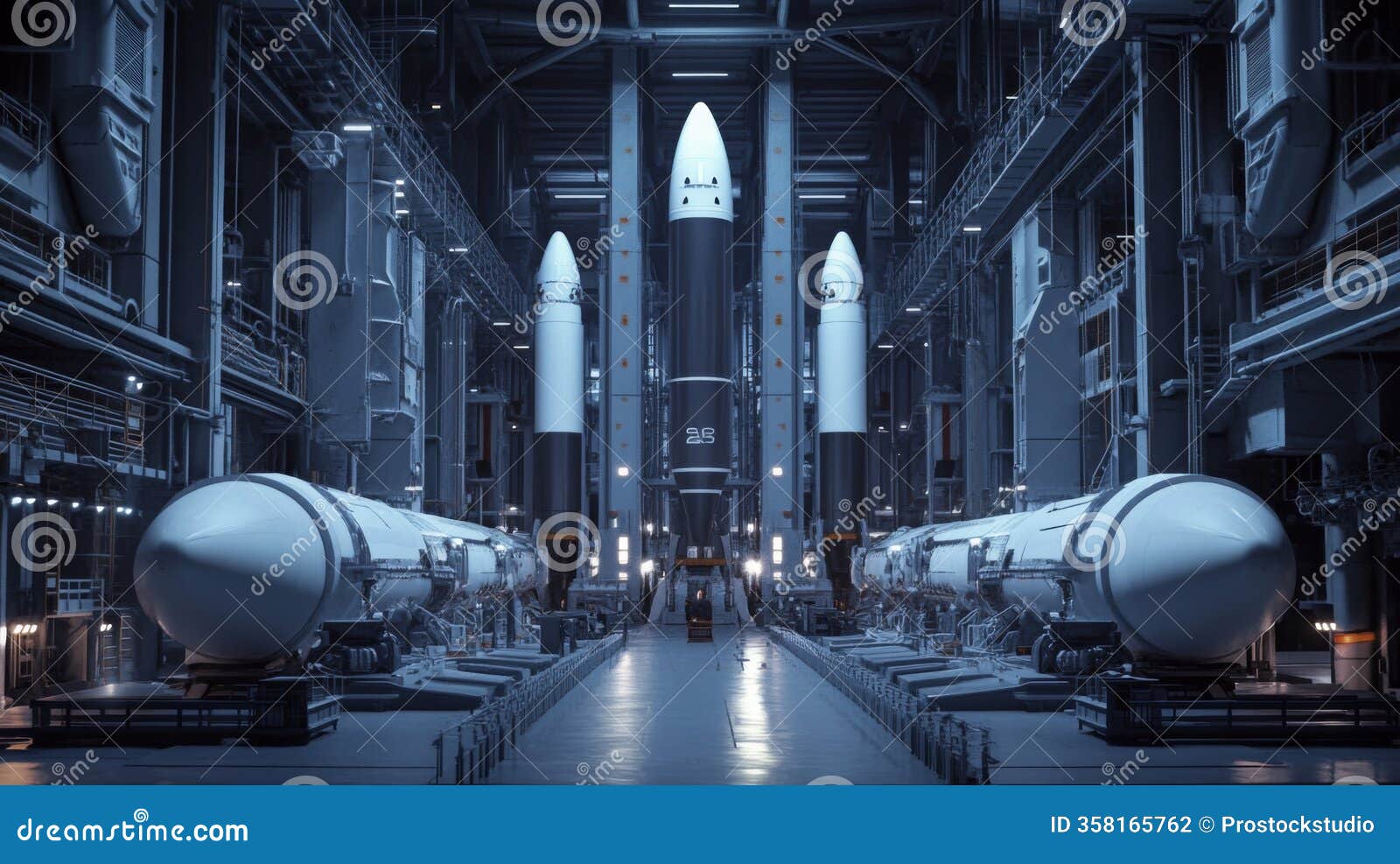 Three Rockets are Assembled in a Large Hangar Stock Photo - Image of ...
