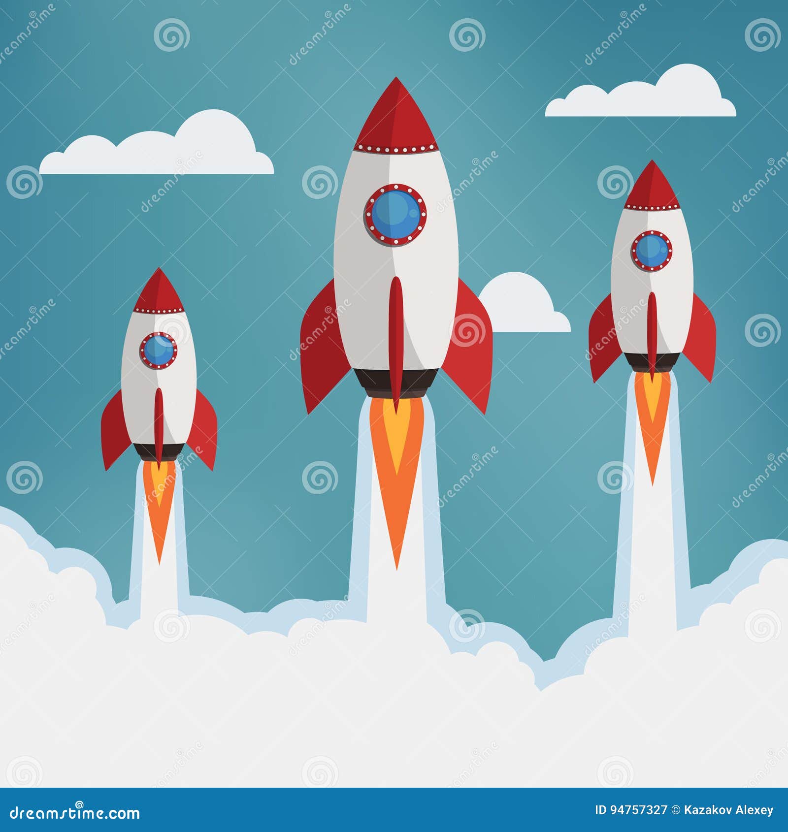 Three Rockets in the Clouds. Stock Vector - Illustration of spaceship ...
