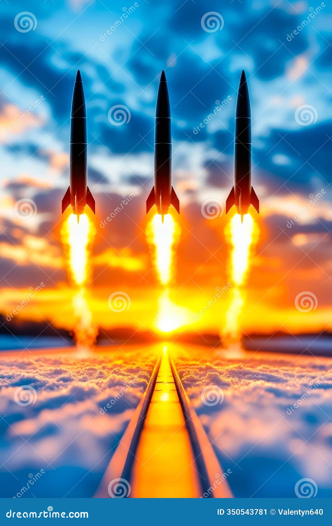 Three Rockets are Flying through the Sky at Sunset Stock Image - Image ...