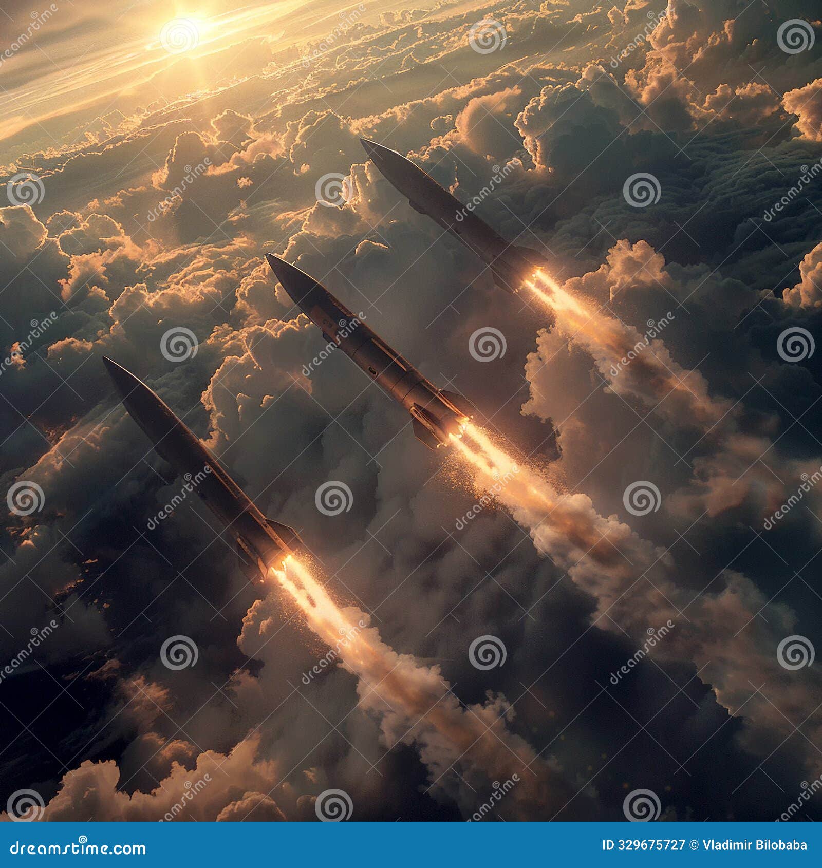Three Rockets Launching into a Cloudy Sky at Sunset Stock Illustration ...