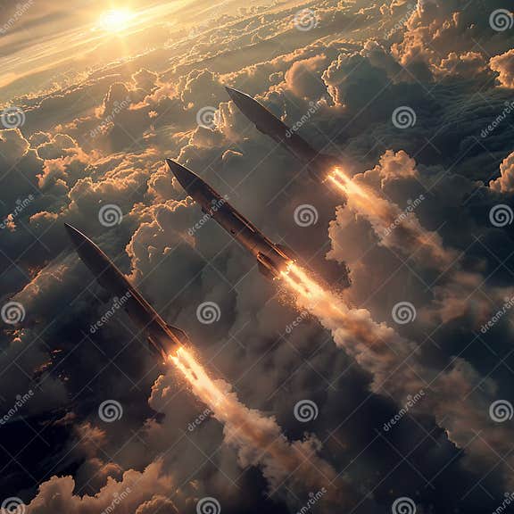 Three Rockets Launching into a Cloudy Sky at Sunset Stock Illustration ...