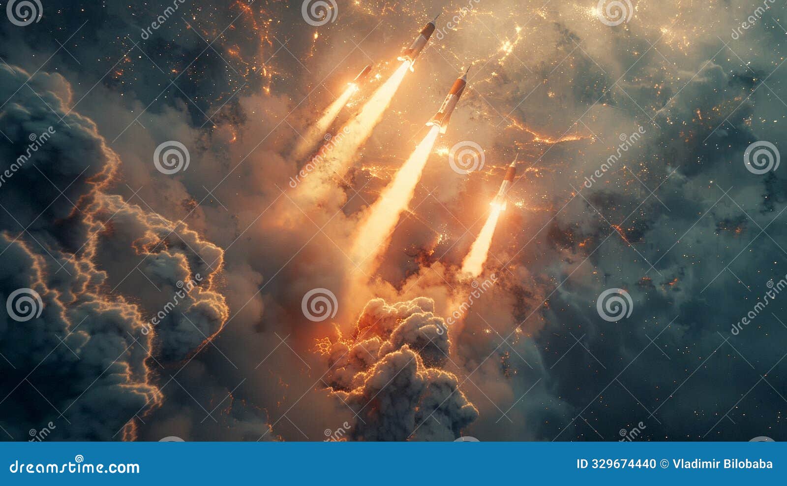 Three Rockets Launching into Space among Vibrant Clouds at Night Stock ...