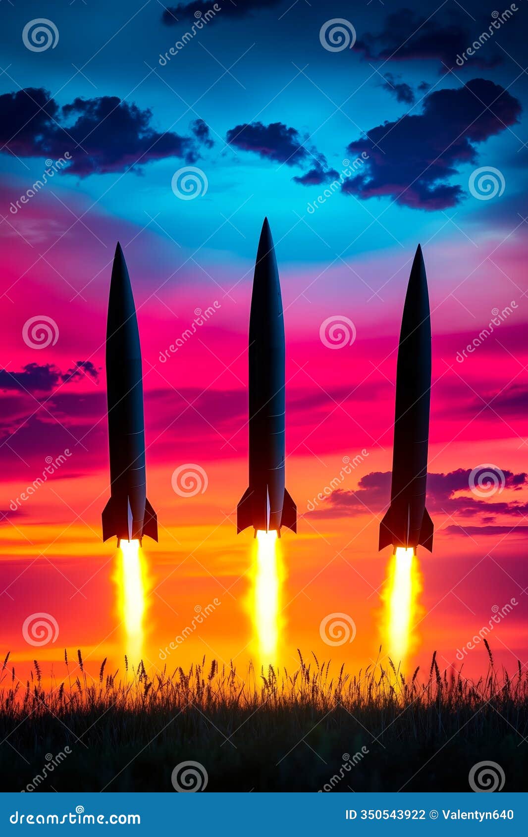 Three Rockets are Flying in the Sky at Sunset Stock Illustration ...