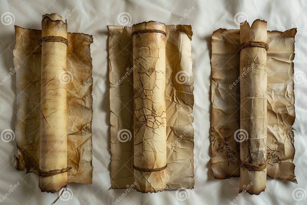 Three Rolled Up Papers Sit Atop a Sheet of Paper, Ready for Use Stock ...