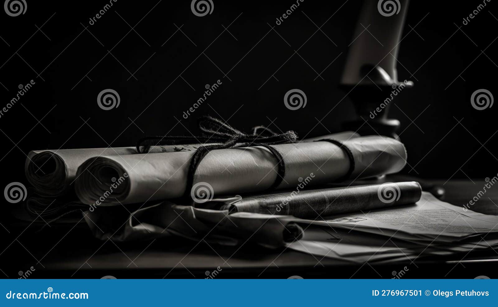 Three Rolled Up Papers Sitting on Top of a Table Next To a Candle Stock ...