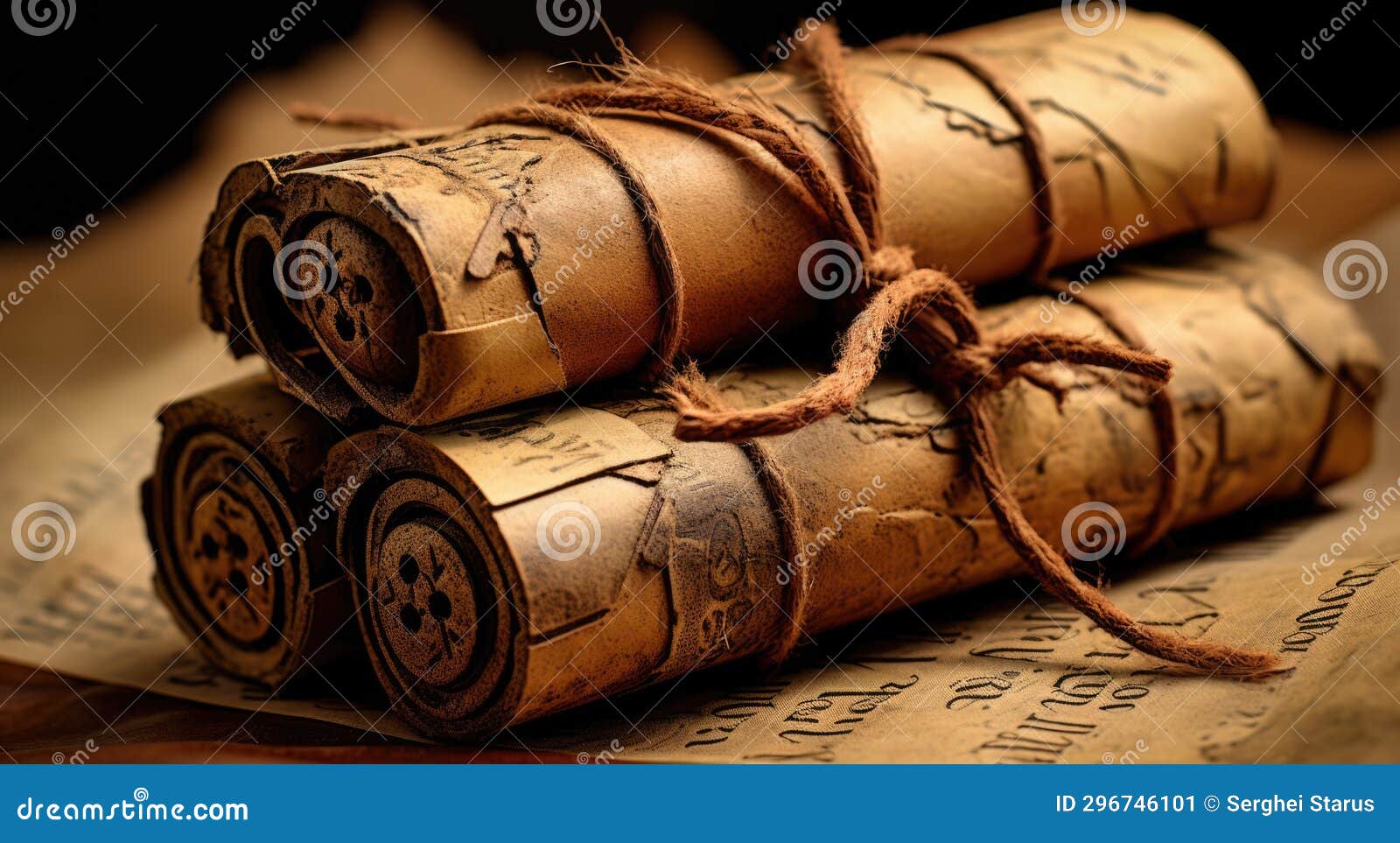 Three Rolled Up Scrolls Tied with Twine, AI Stock Image - Image of rope ... Three Rolled Up Scrolls Tied with Twine, AI Stock Image - Image of rope ...
