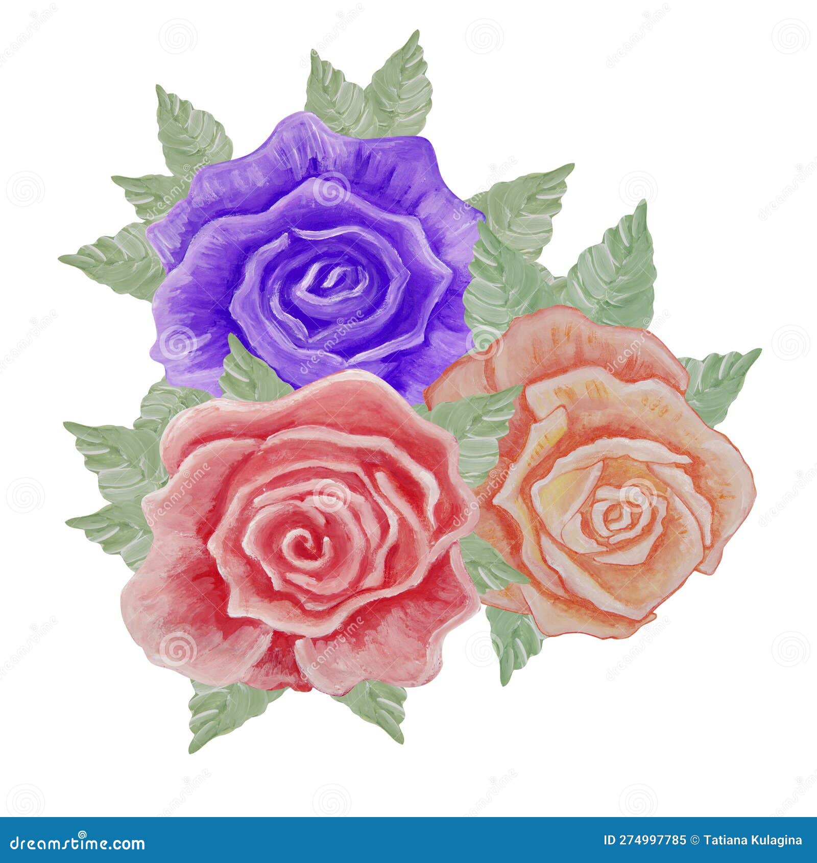 Three Roses of Different Colors with Green Foliage Isolated on a ...