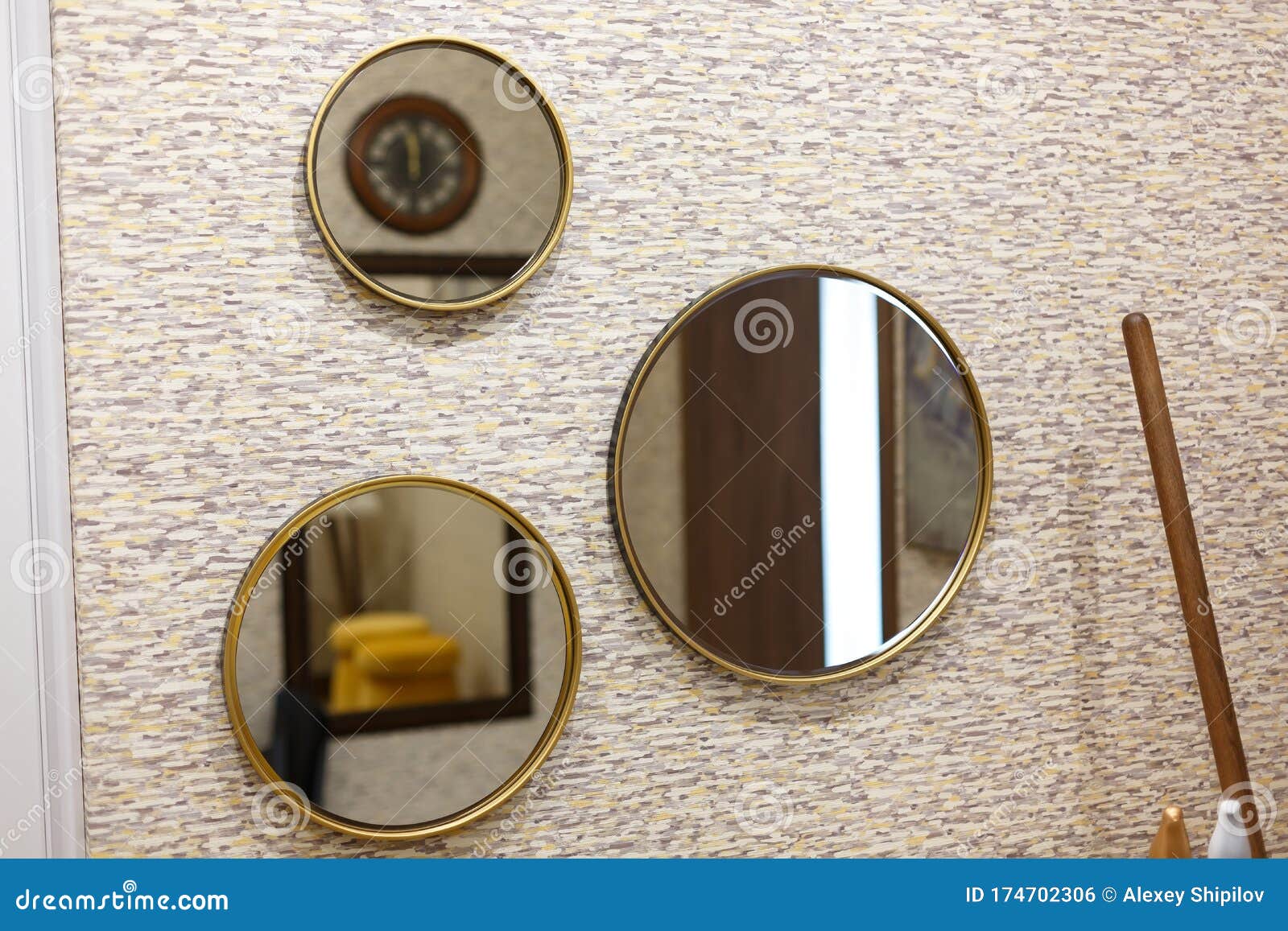 Three Round Mirrors on the Wall in the Hallway Stock Photo - Image of ...