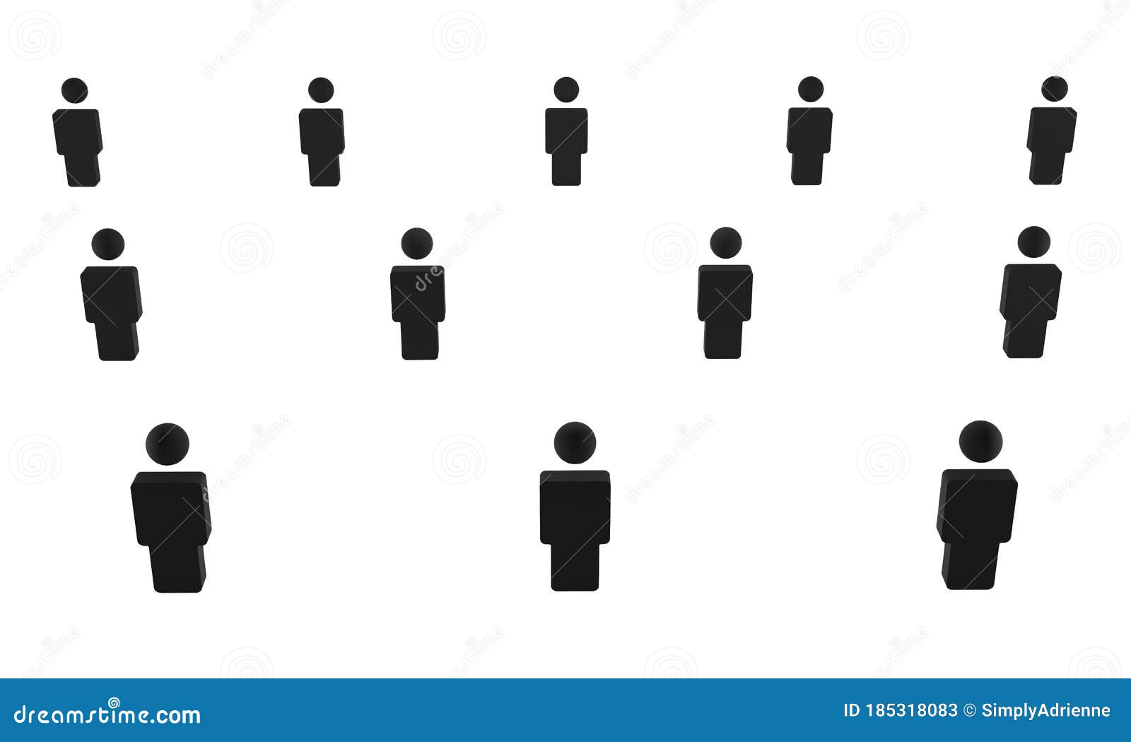 Three Rows of Abstract 3D People Standing Apart in Group Stock ...
