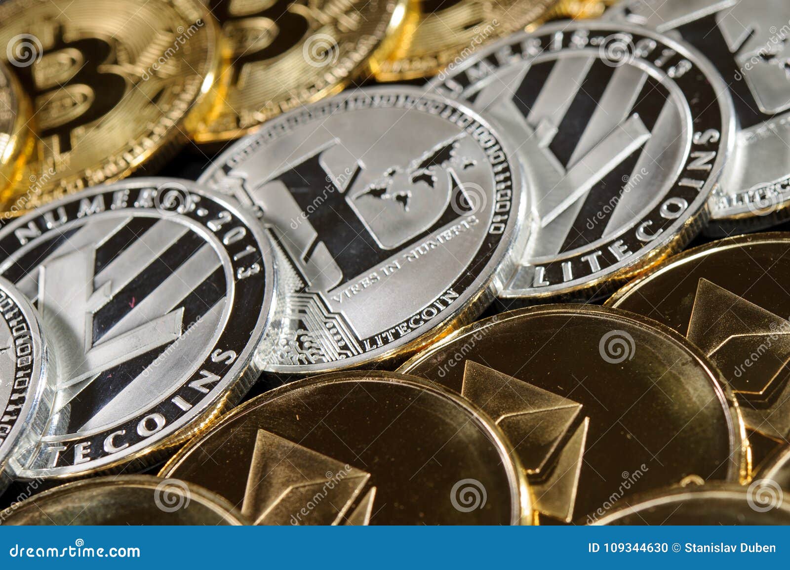 Three Rows of Cryptocurrency Coins . Litecoin, Bitcoin, Ethereum ...
