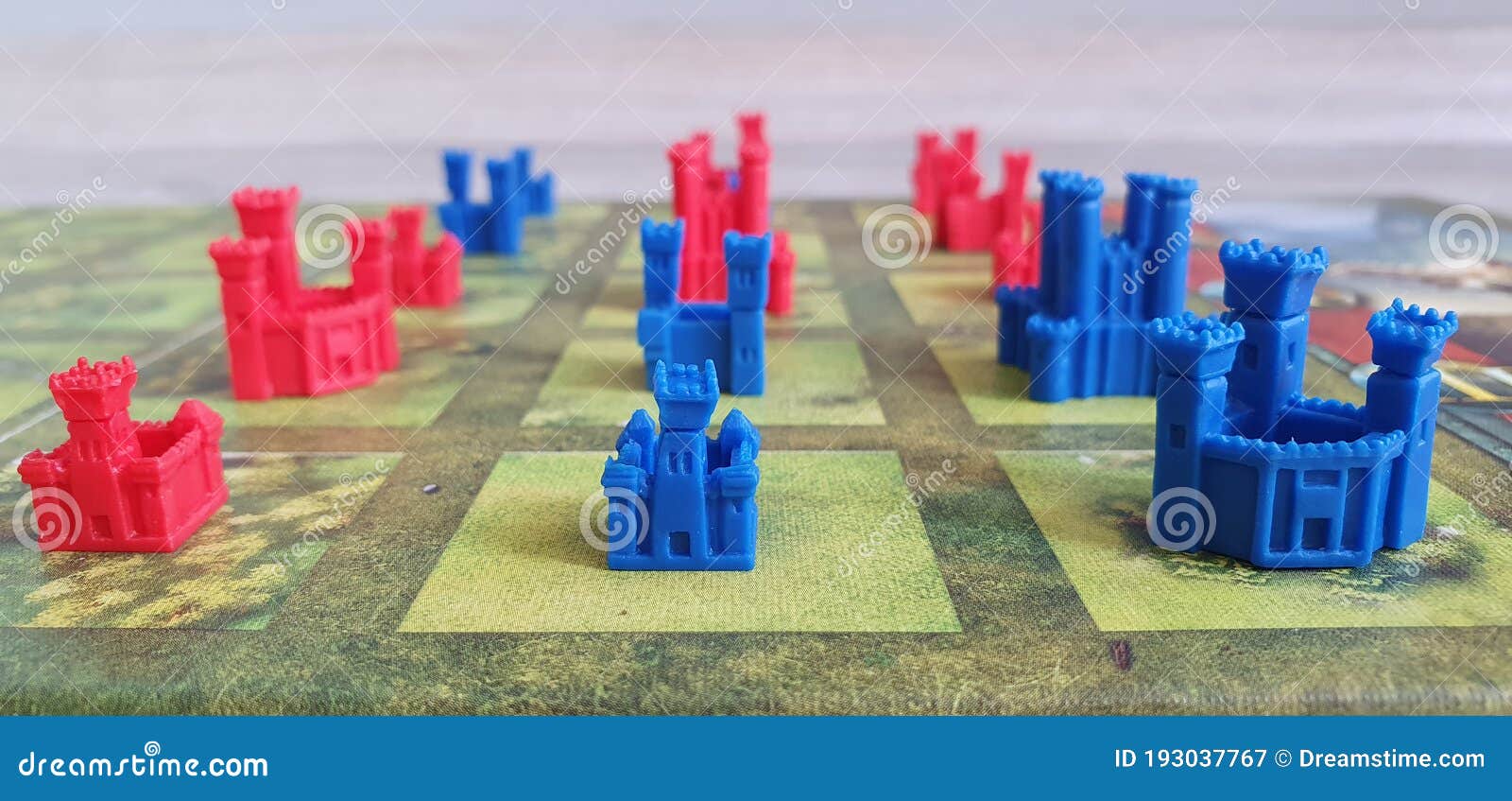 Three Rows of Red and Blue Castle Game Pieces Set for a Board Game ...