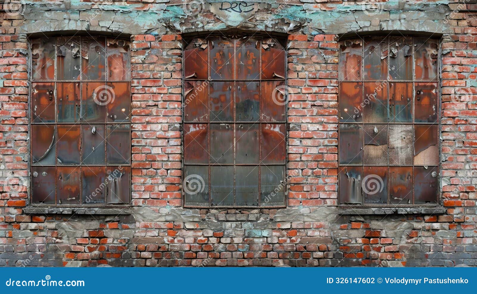 Three Rusted Windows on an Old Brick Wall Stock Photo - Image of rusted ...