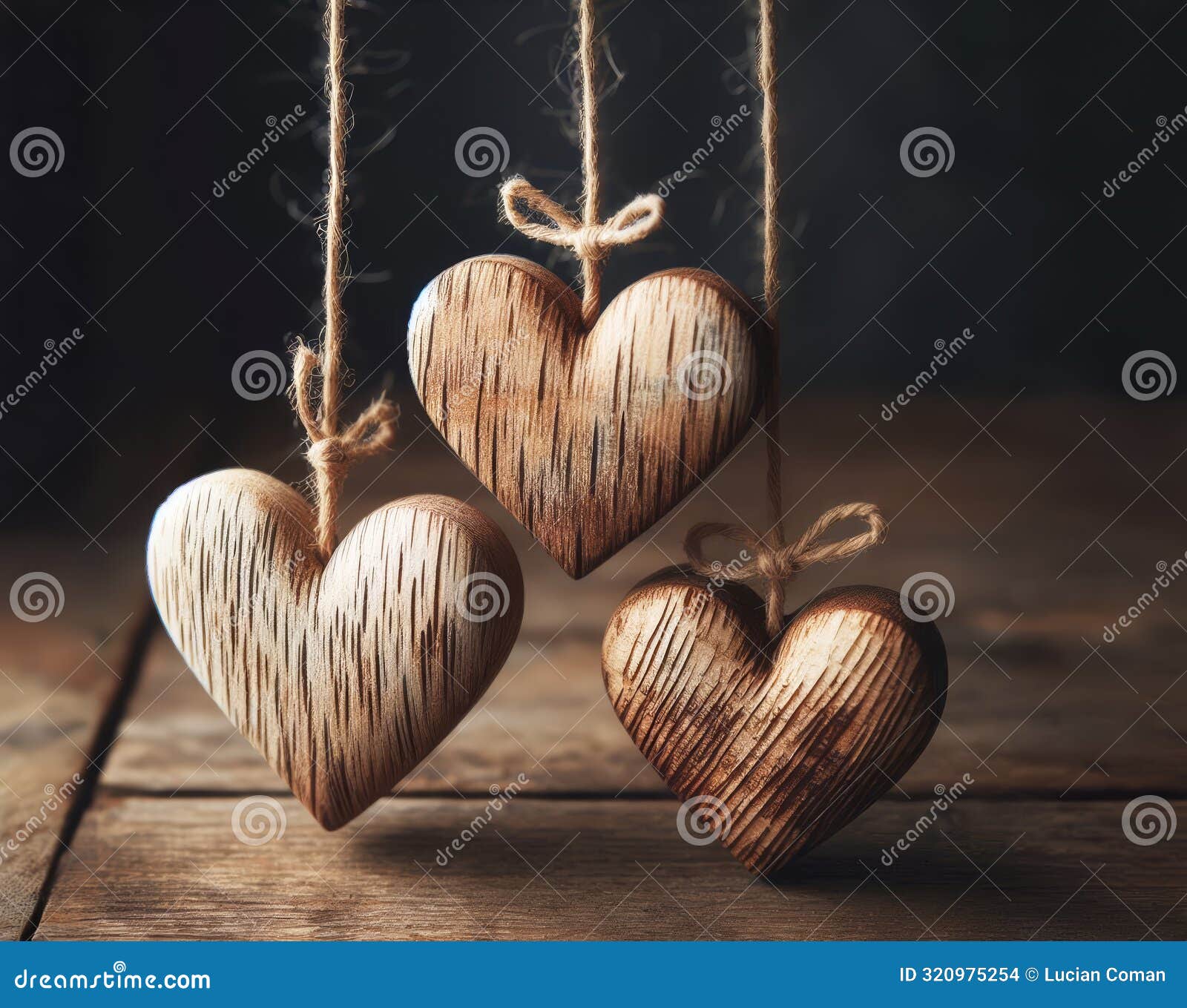 Three Rustic, Heart-shaped Wooden Ornaments Hang Delicately from Thin ...