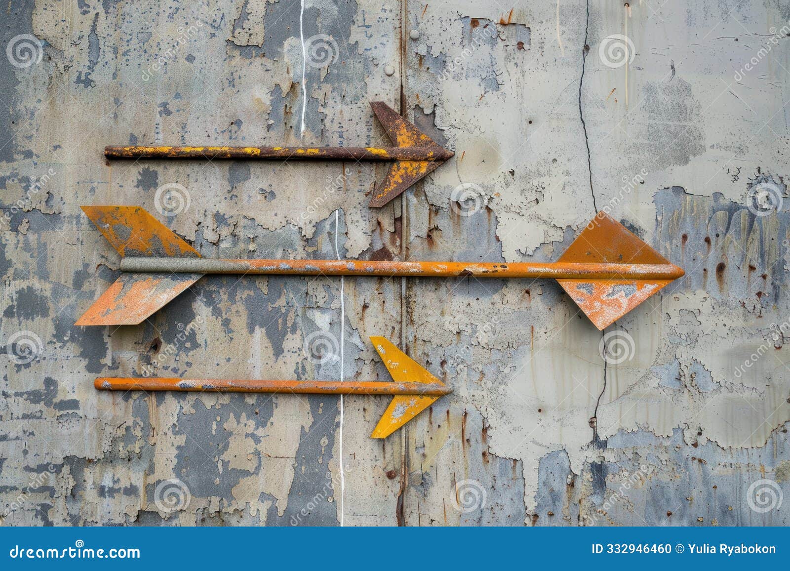 Three Rusty Orange Arrows Pointing Right on a Grunge Wall Background ...
