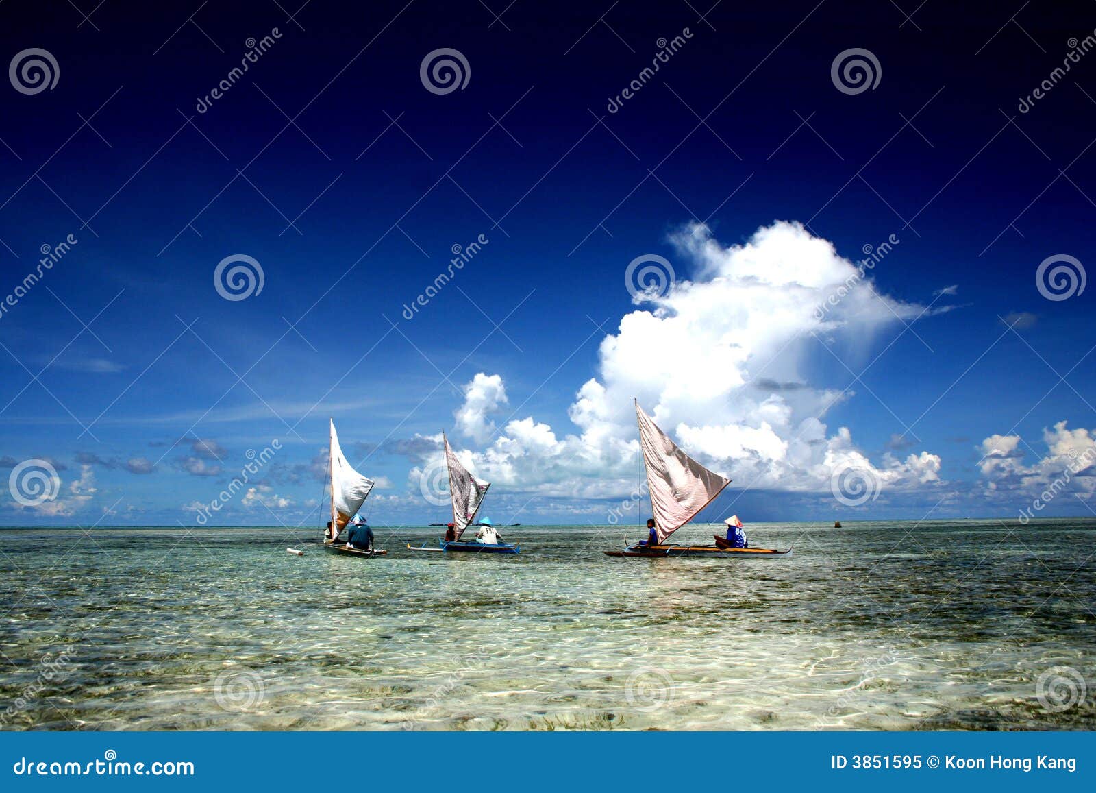 Three Sailing Boat on a Tropical Lagoon Stock Image - Image of blow ...