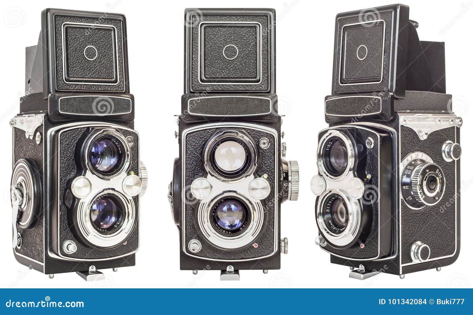 Three Same Make Old Twin Lens Reflex Cameras Isolated on White ...