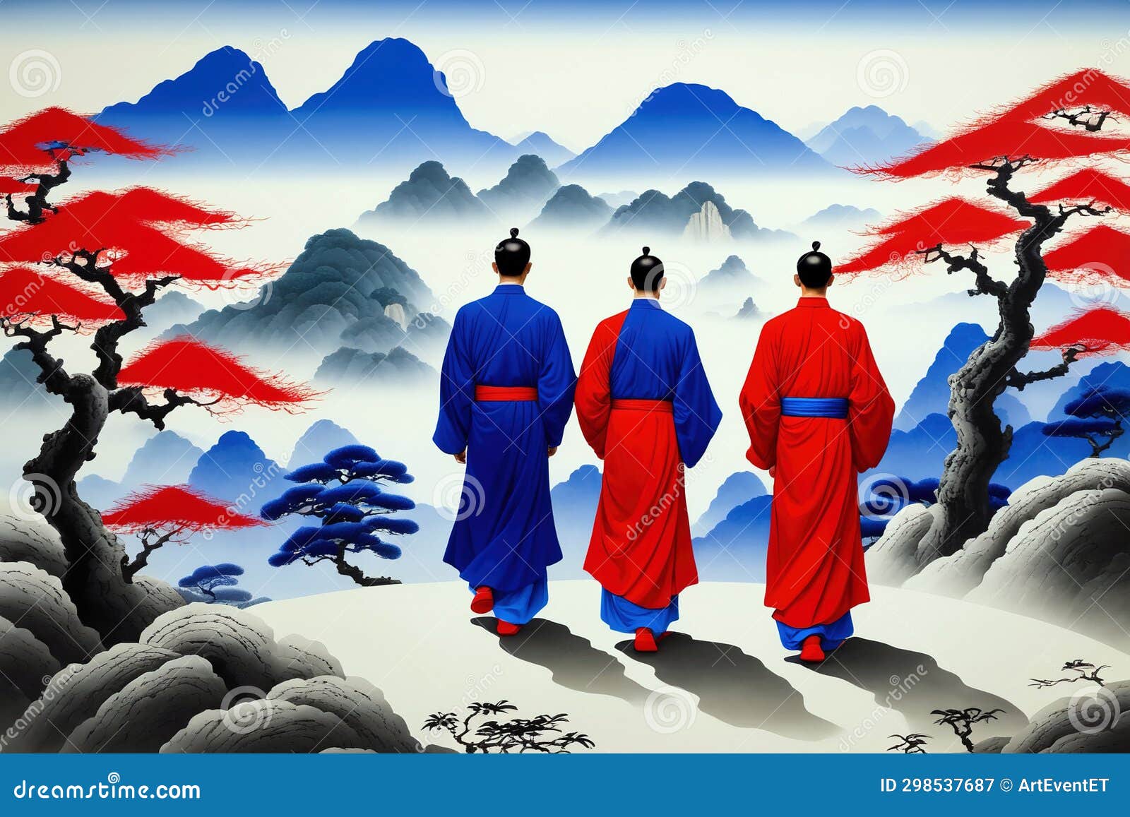 Three Samurai Against Backdrop Of Mountains Stock Image | CartoonDealer ...