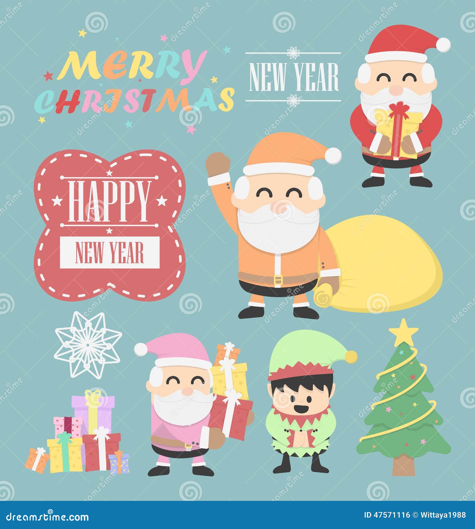 Three Santa Claus Vntage with Elf Elements Set Stock Vector ...