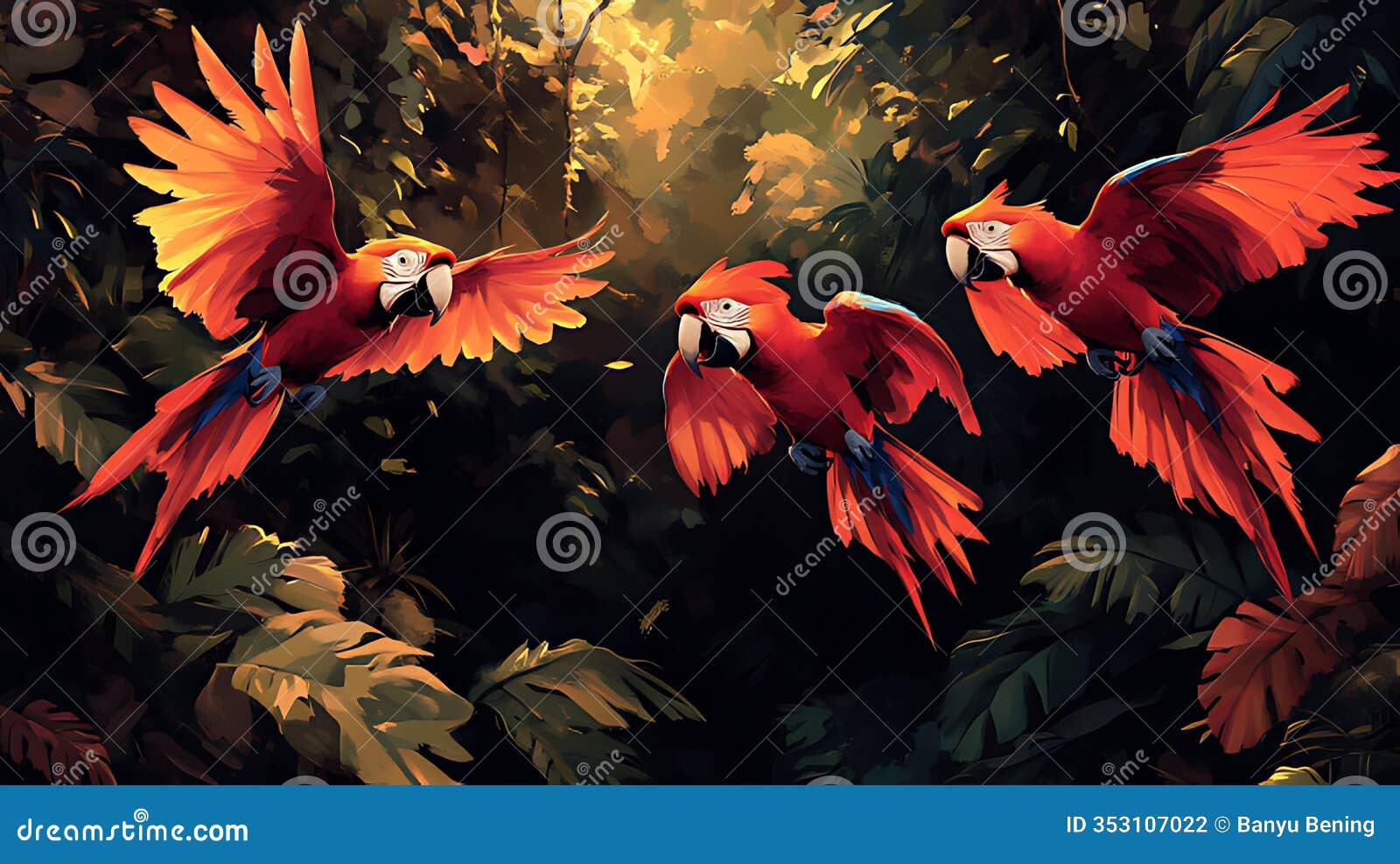 Three Scarlet Macaws in Flight through a Lush, Dark Jungle Stock ...