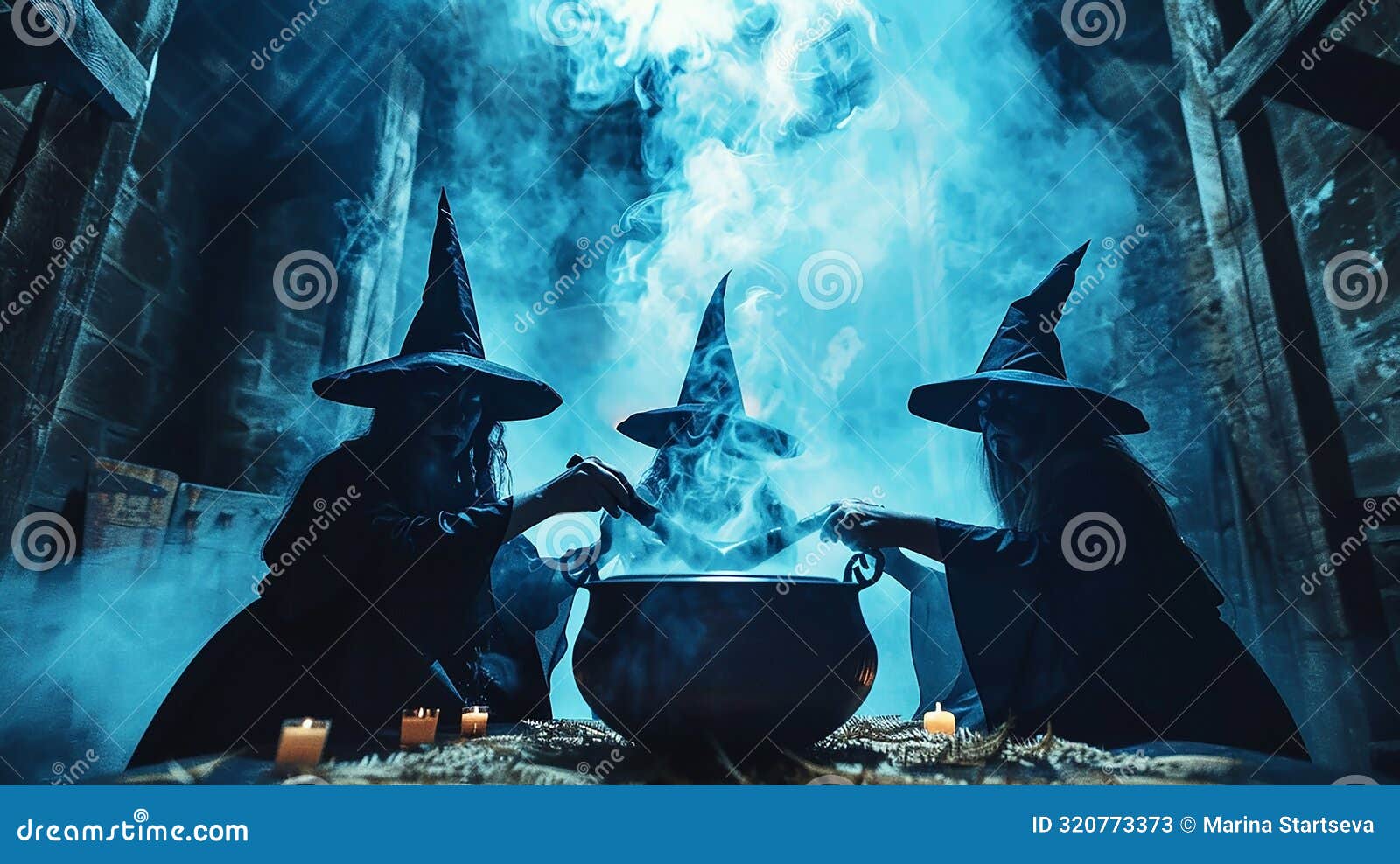 Three Scary Evil Witches in Black Clothes and Magic Hats are Brewing ...