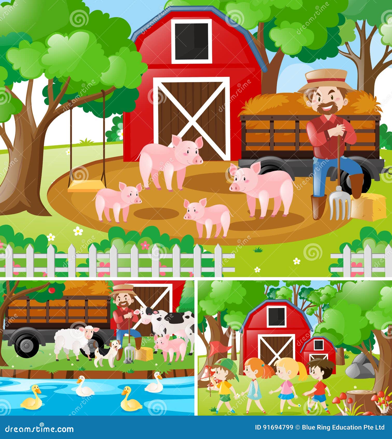 Three Scenes of Farmer Working in the Farm Stock Vector - Illustration ...