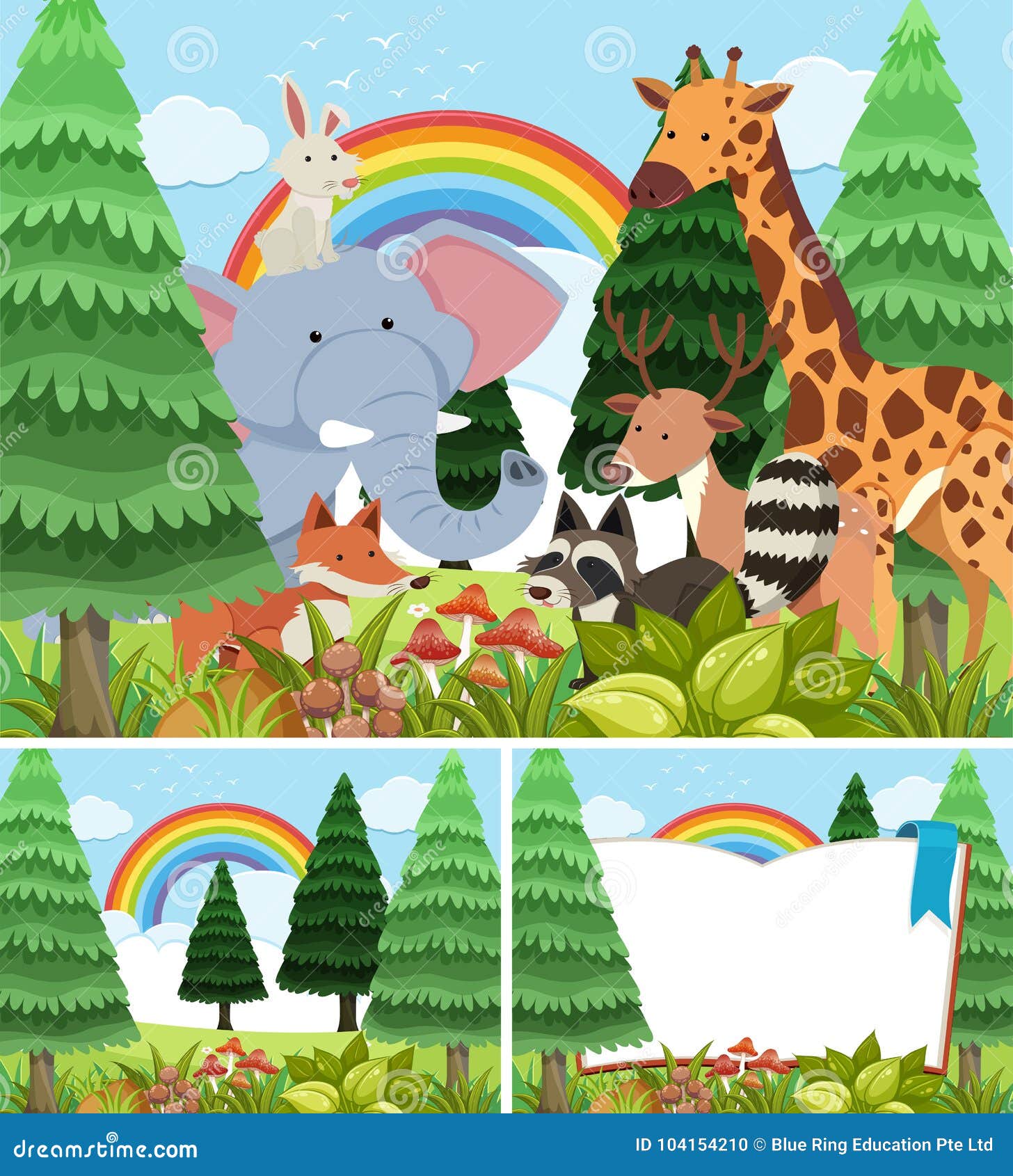 Three Scenes of Forest with Wild Animals Stock Vector - Illustration of ...