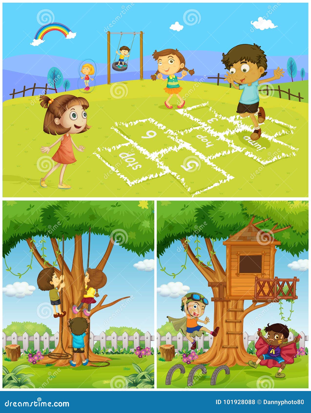Three Scenes with Kids Playing in the Park Stock Vector - Illustration ...