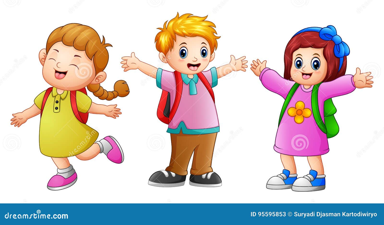 Three school kids waving stock vector. Illustration of school - 95595853