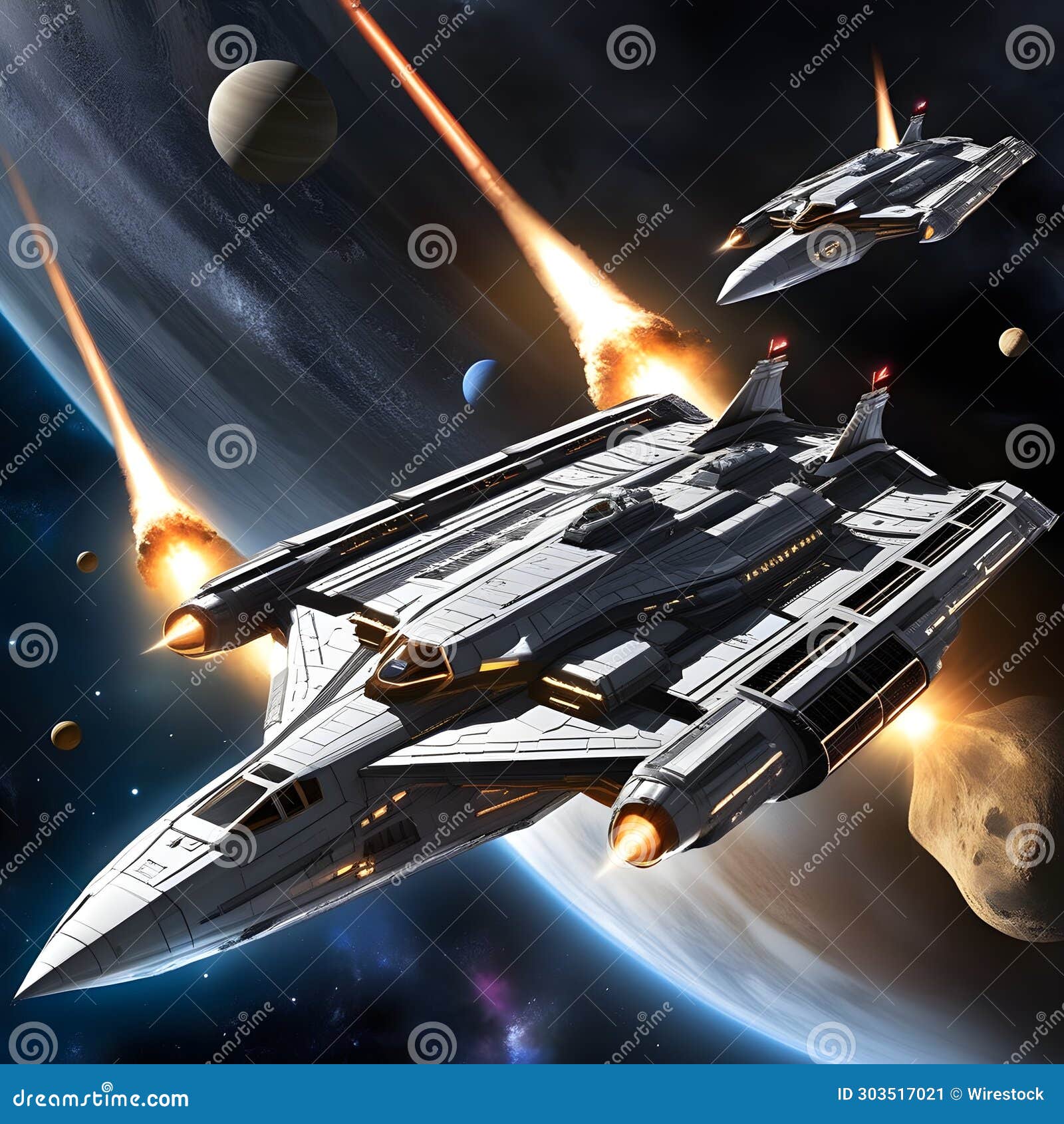 Three Sci - Fi Ships Flying Near a Planetary Object in a Space Stock ...