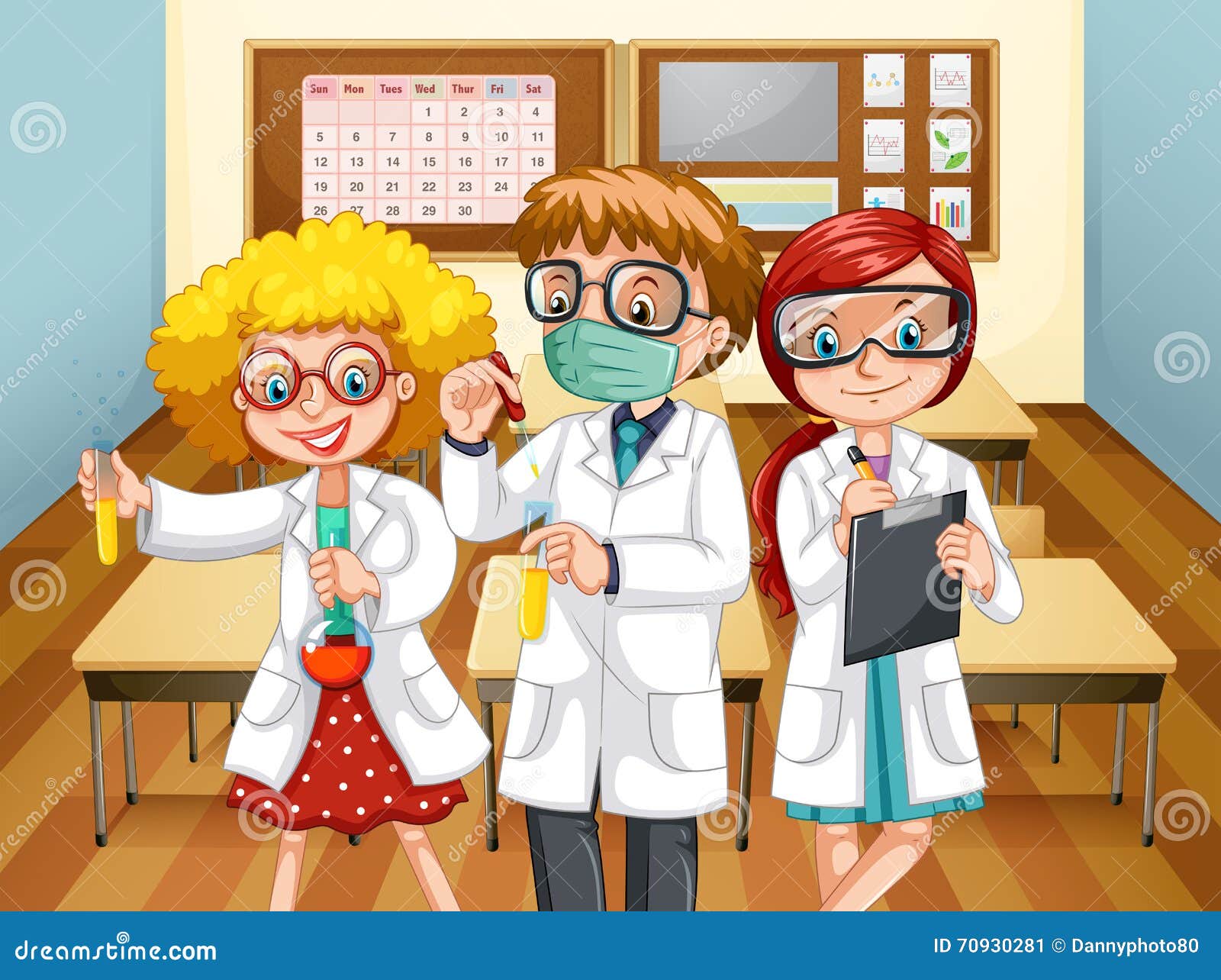 Three Scientists with Beakers in the Classroom Stock Vector ...