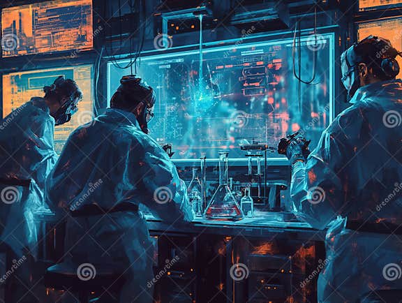 Three Scientists in Lab Coats are Looking at a Computer Screen Stock ...