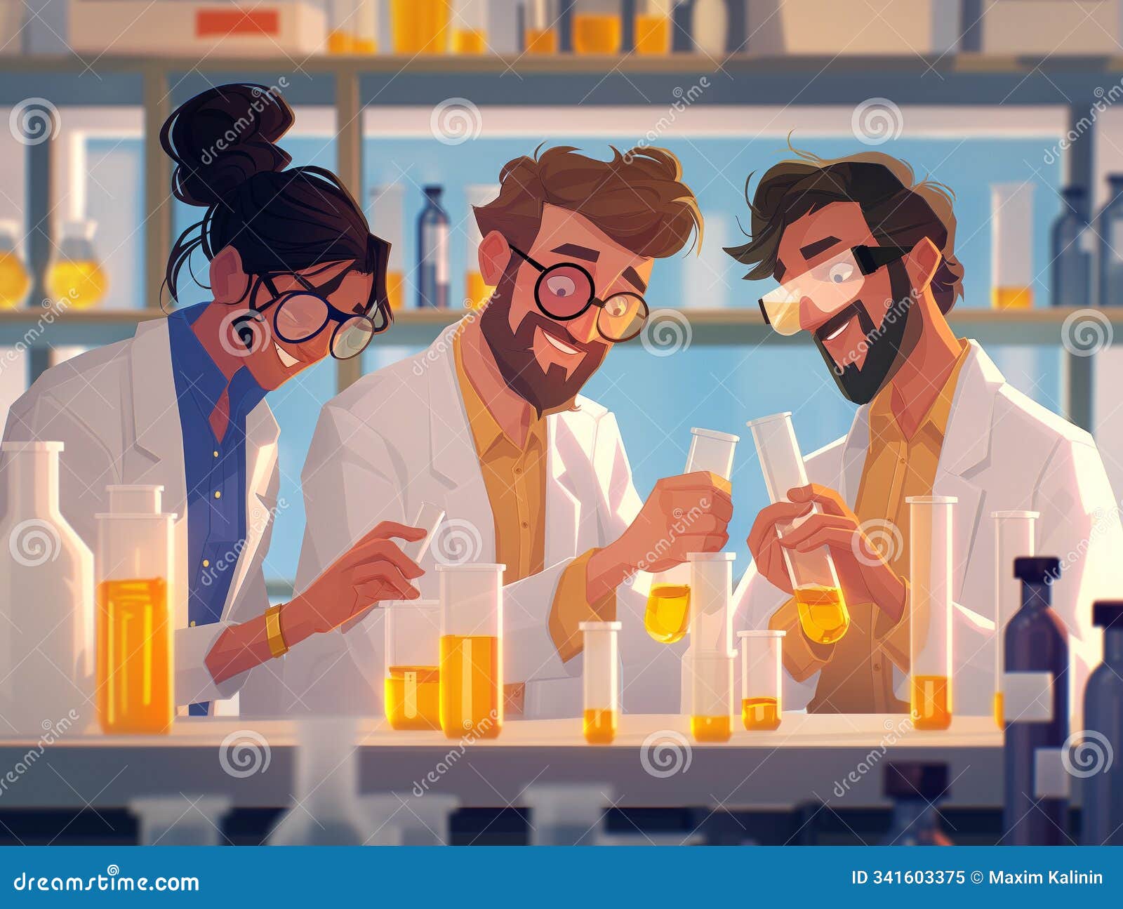 Three Scientists are in a Lab, Smiling and Working on an Experiment ...