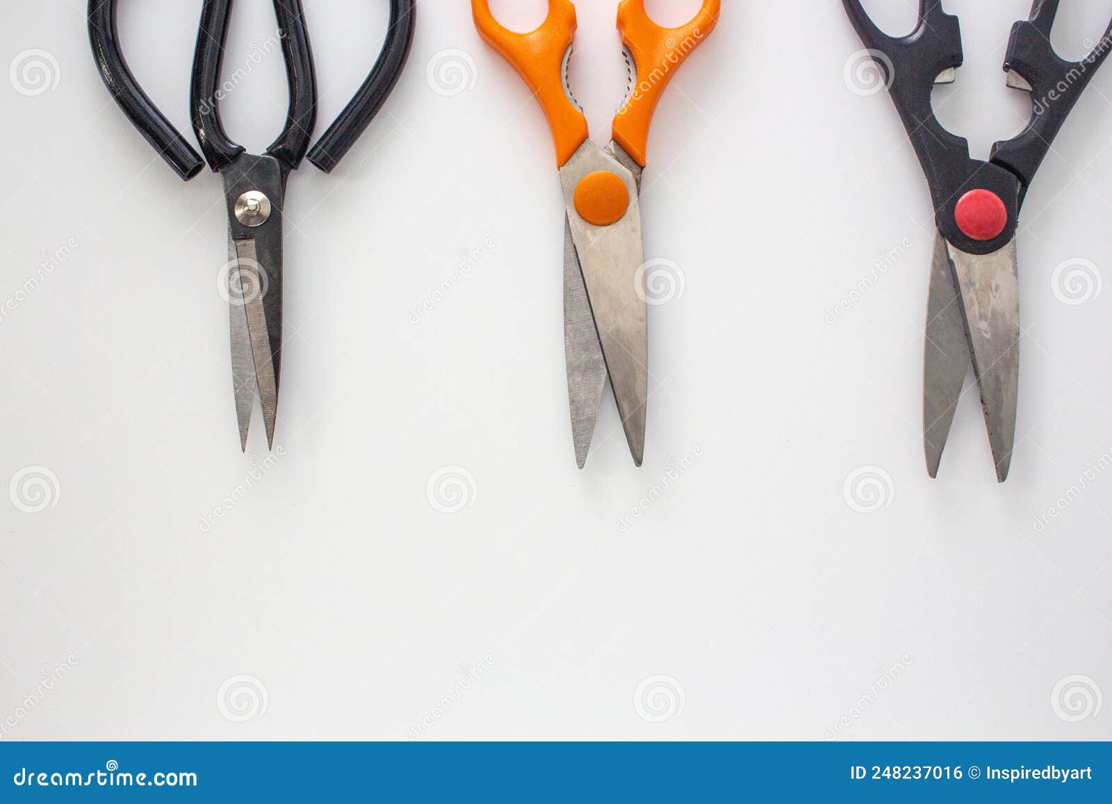 Three Scissor, Kitchen Scissor and Craft Scissor, with Copy Space on ...