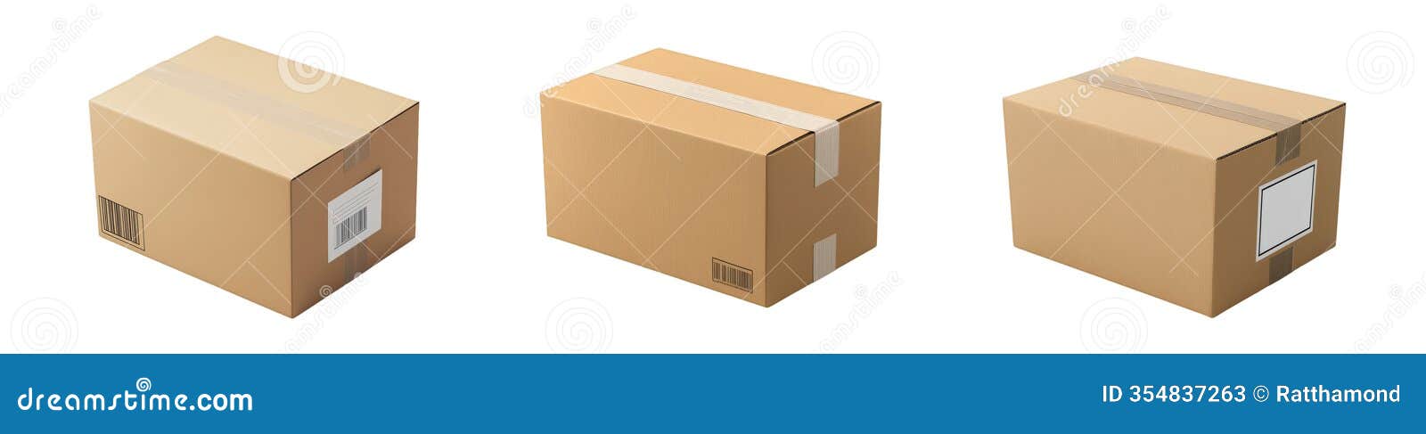 Three Sealed Cardboard Boxes are Shown from Different Angles, Isolated ...