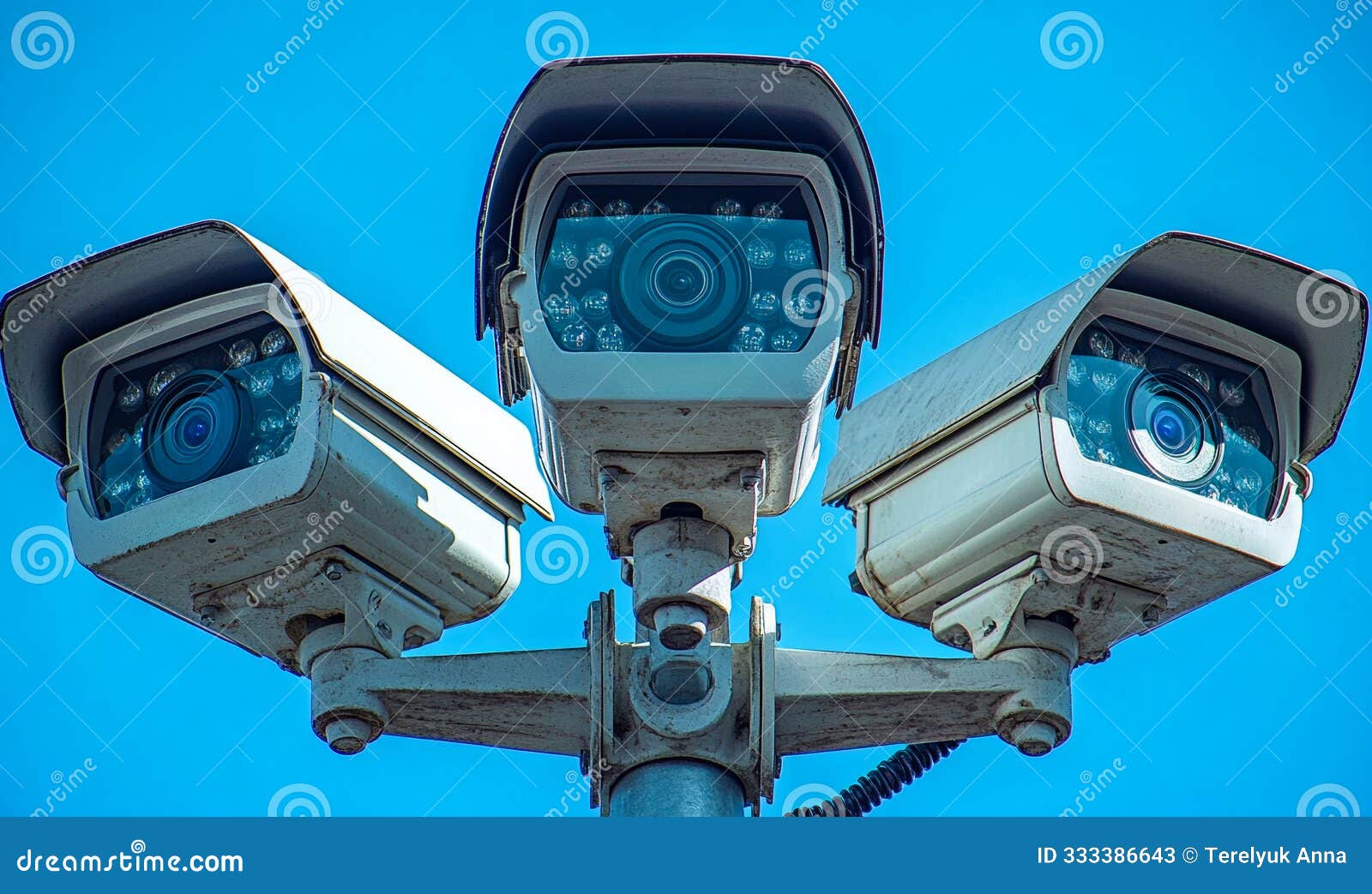 Three Security Cameras are Mounted on a Pole, One of Which is Facing ...